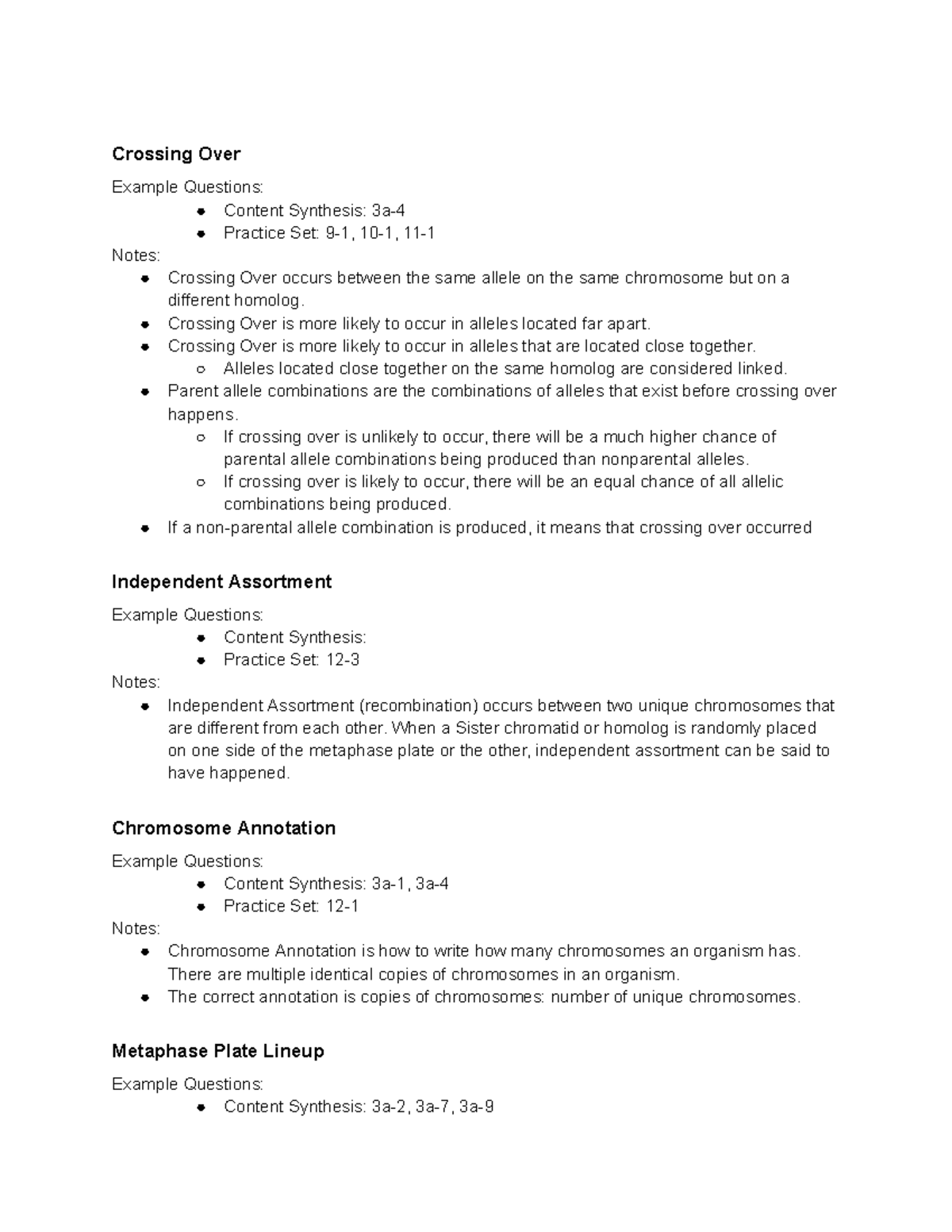 BIOL 113 Final Study Guide - Crossing Over Example Questions: Content ...