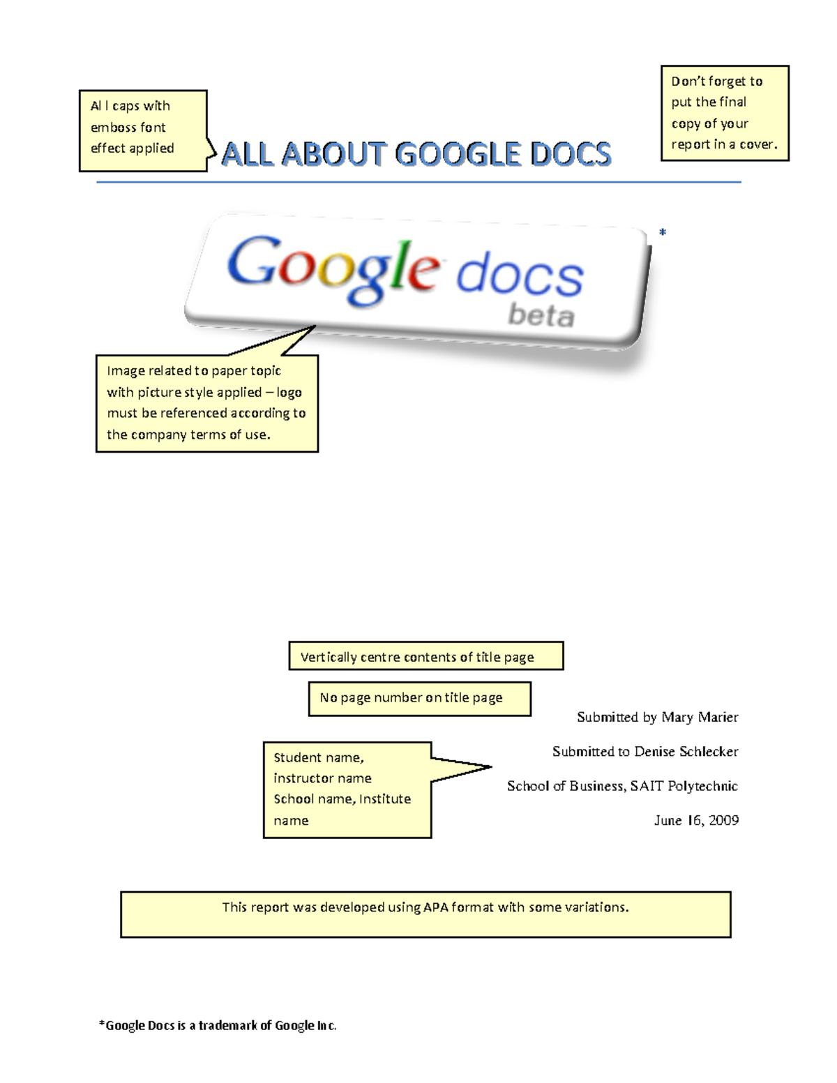 Google Docs Paper Standards - APA - *Google Docs is a trademark of ...