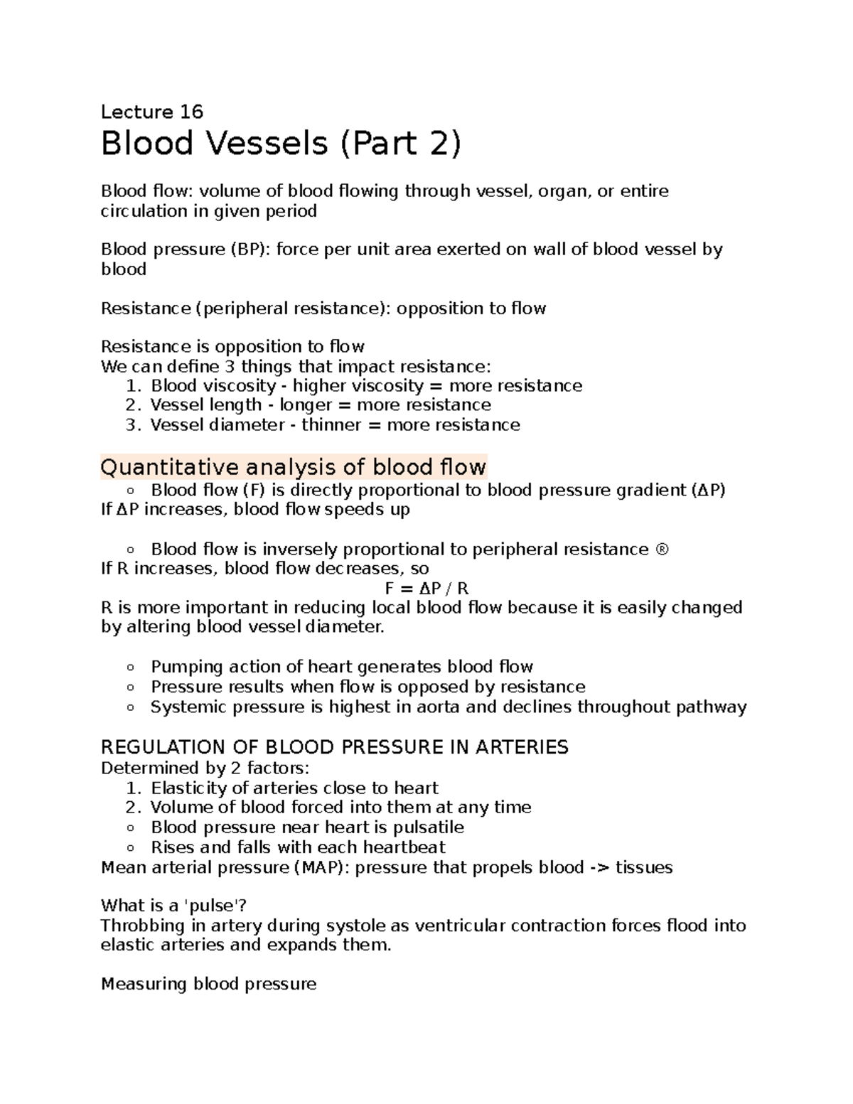 ANP 1105 - Lecture 16 - Lecture 16 Blood Vessels (Part 2) Blood flow ...