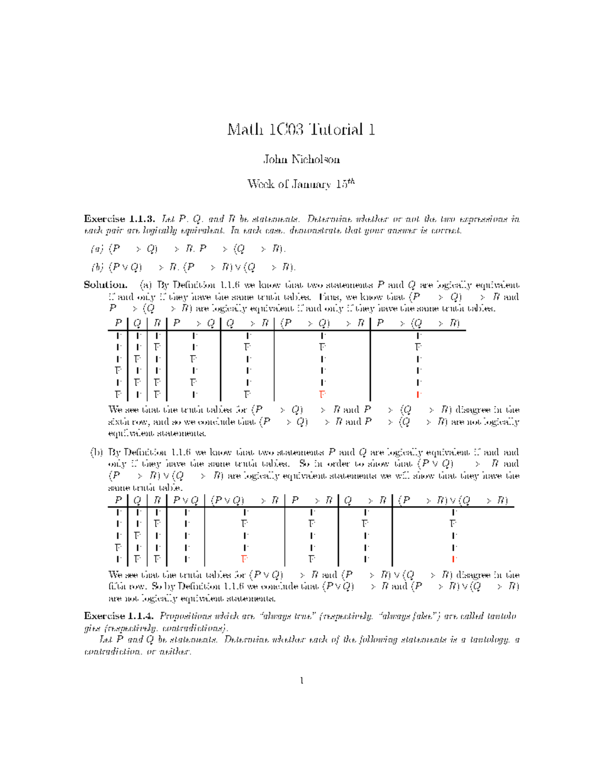 Math1c03 Tutorial 1notes 1 Math 1 C 03 Tutorial 1 John Nicholson Week Of January 15 Th