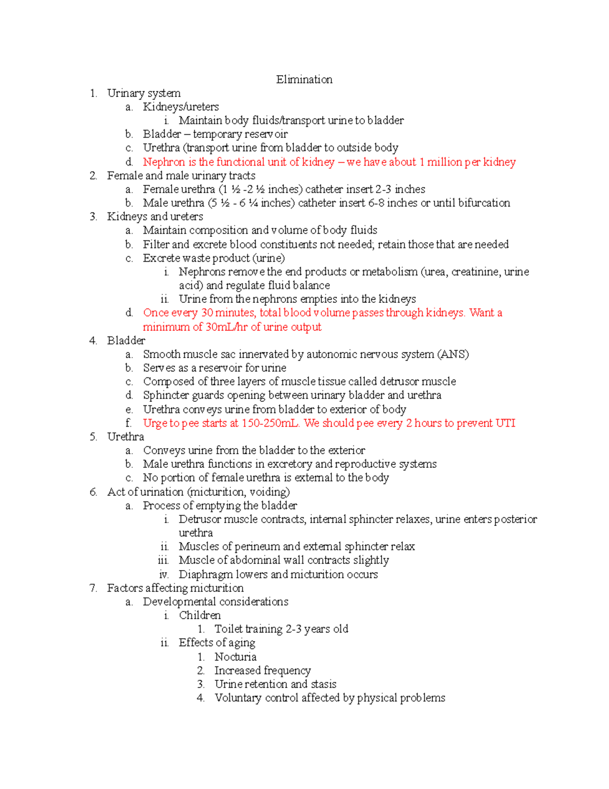 Elimination - Notes - Elimination 1. Urinary system a. i. Maintain body ...