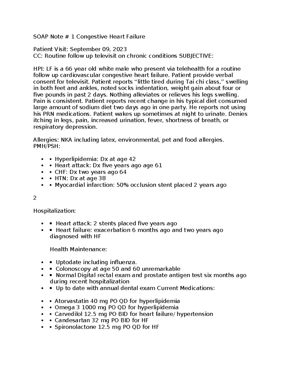SOAP Note - Shadow health televisit on CHF - SOAP Note # 1 Congestive ...