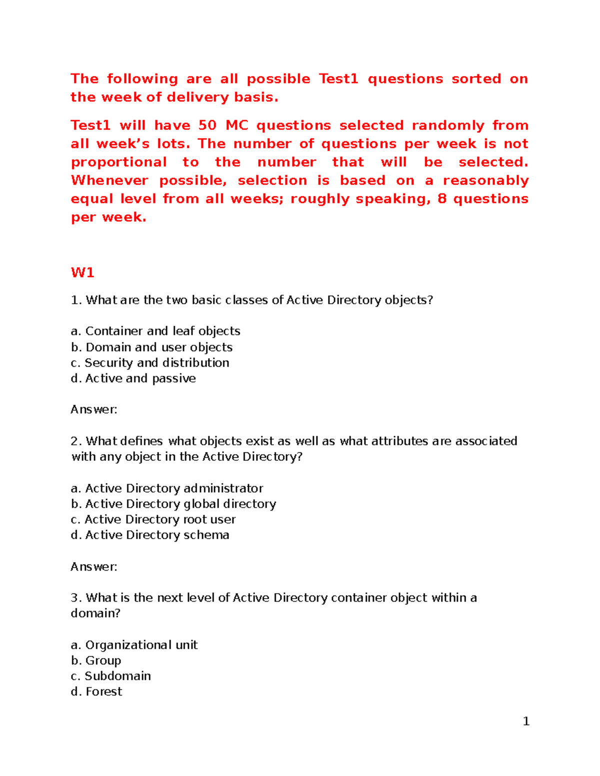 TEST1 Preparation - blank - The following are all possible Test1 ...