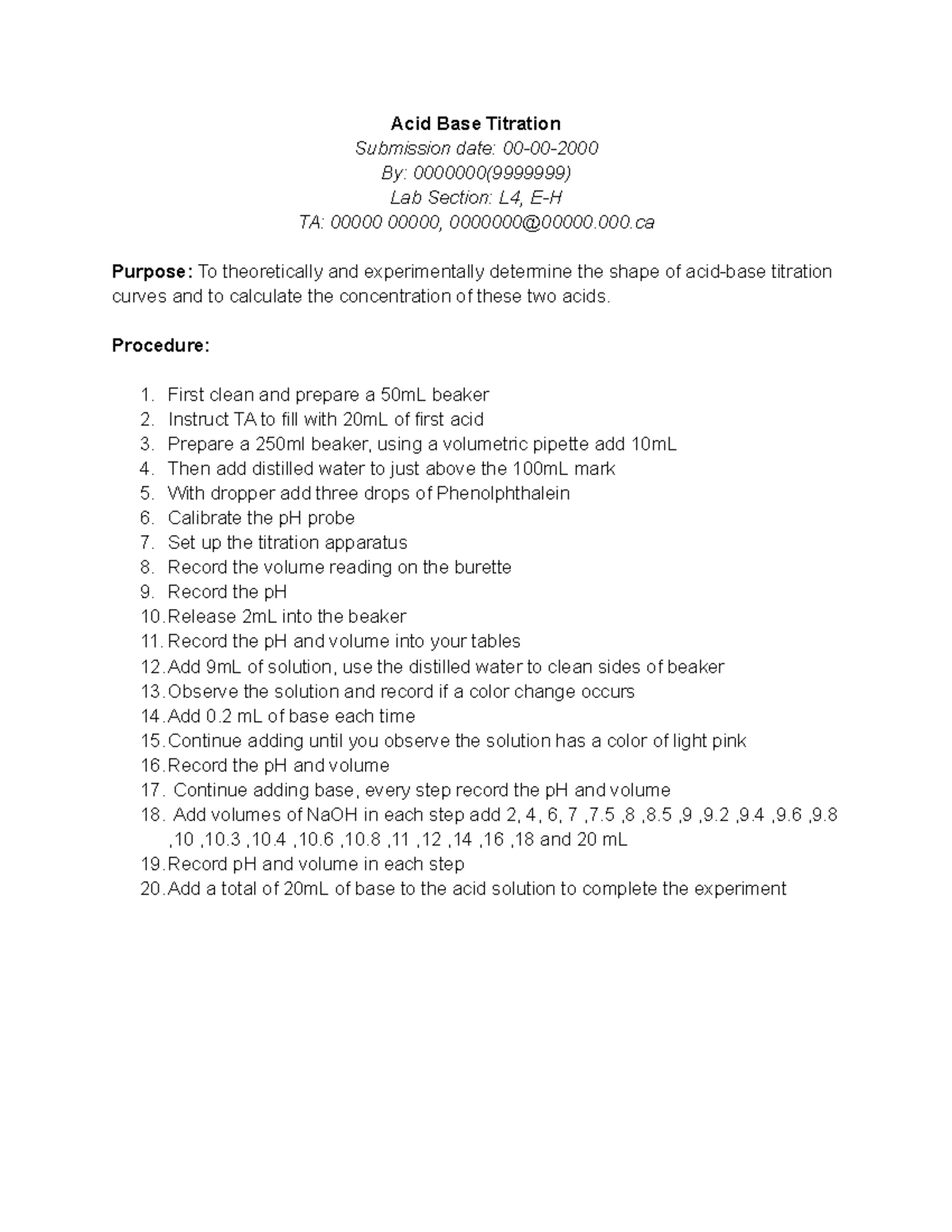 AB post lab - AB lab - Acid Base Titration Submission date: 00-00- By ...
