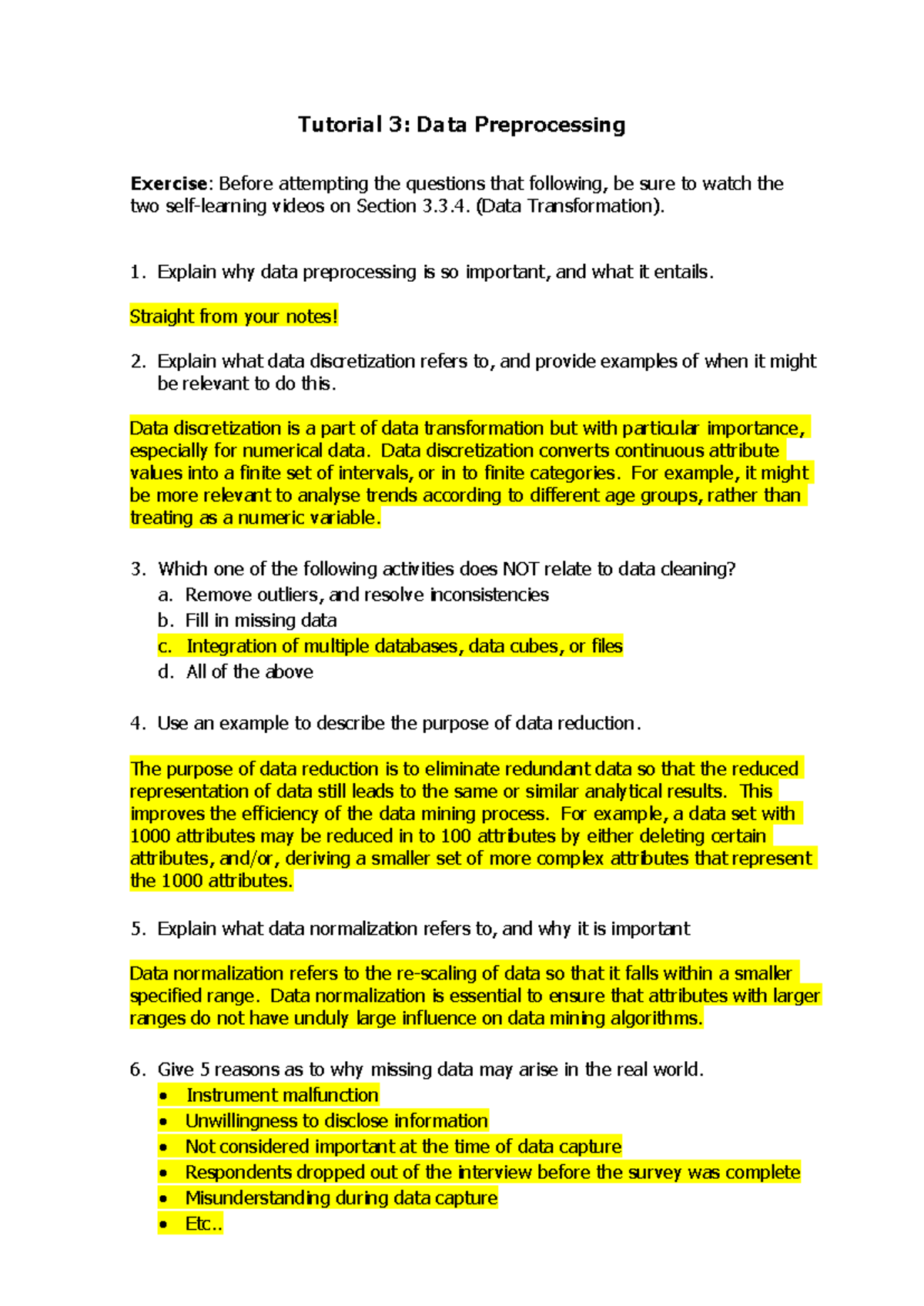 Tutorial 3 Solutions - Tutorial 3: Data Preprocessing Exercise: Before attempting the questions ...