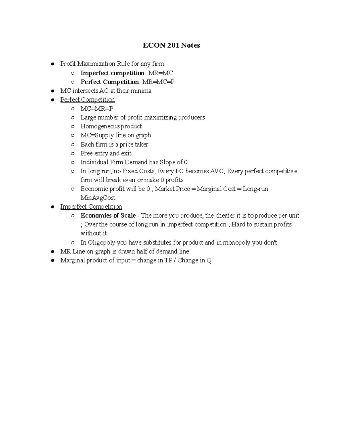 ECON 201 Notes - Drexel University - ECON 201 Notes Profit Maximization ...