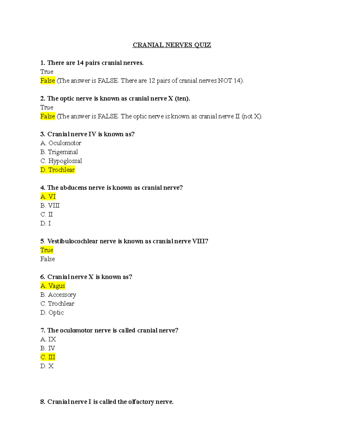 Cranial Nerves - Preguntas y respuestas para practicar. - CRANIAL ...