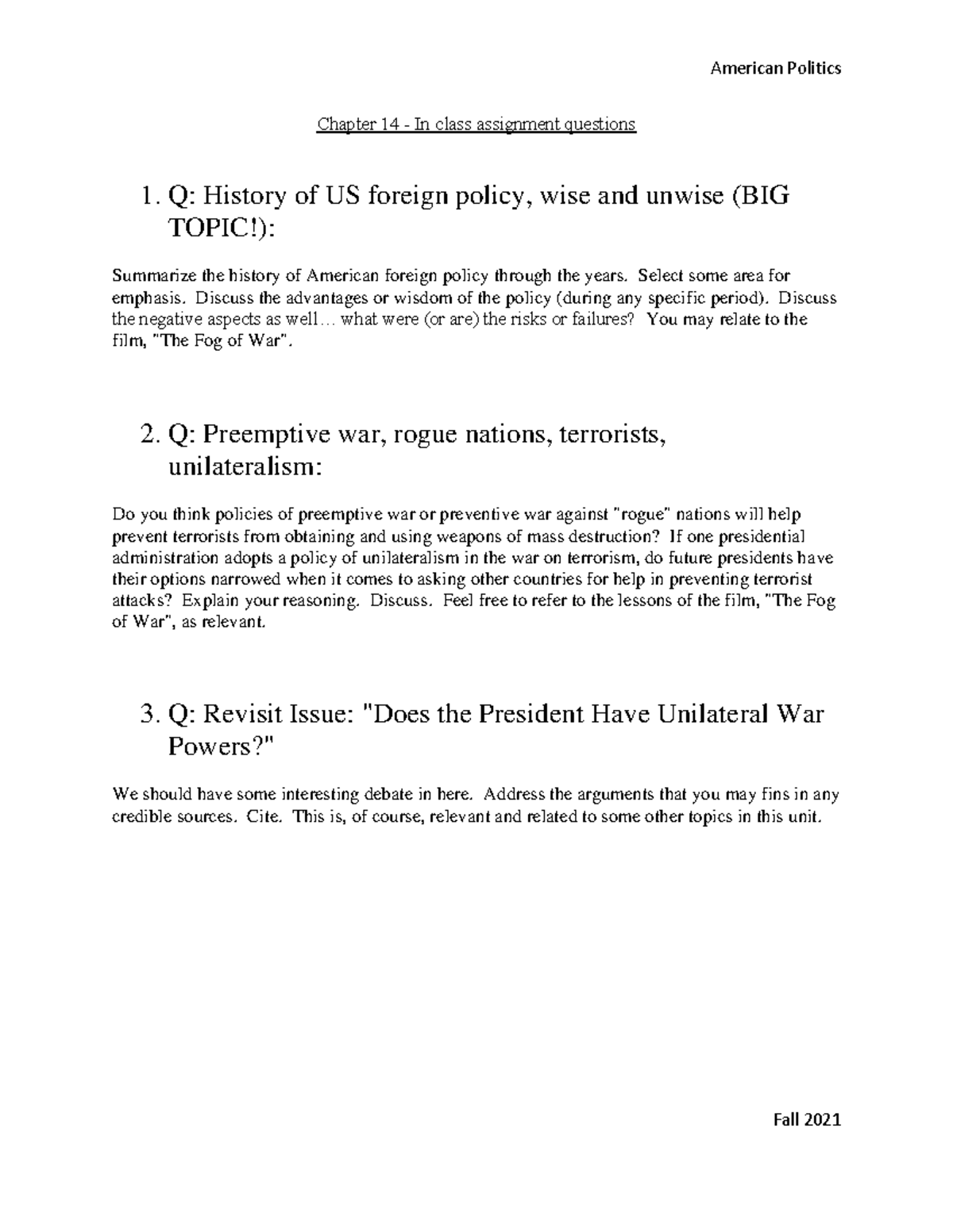 Chapter 14 - In class assignment questions - PSC 101 - CSN - Studocu