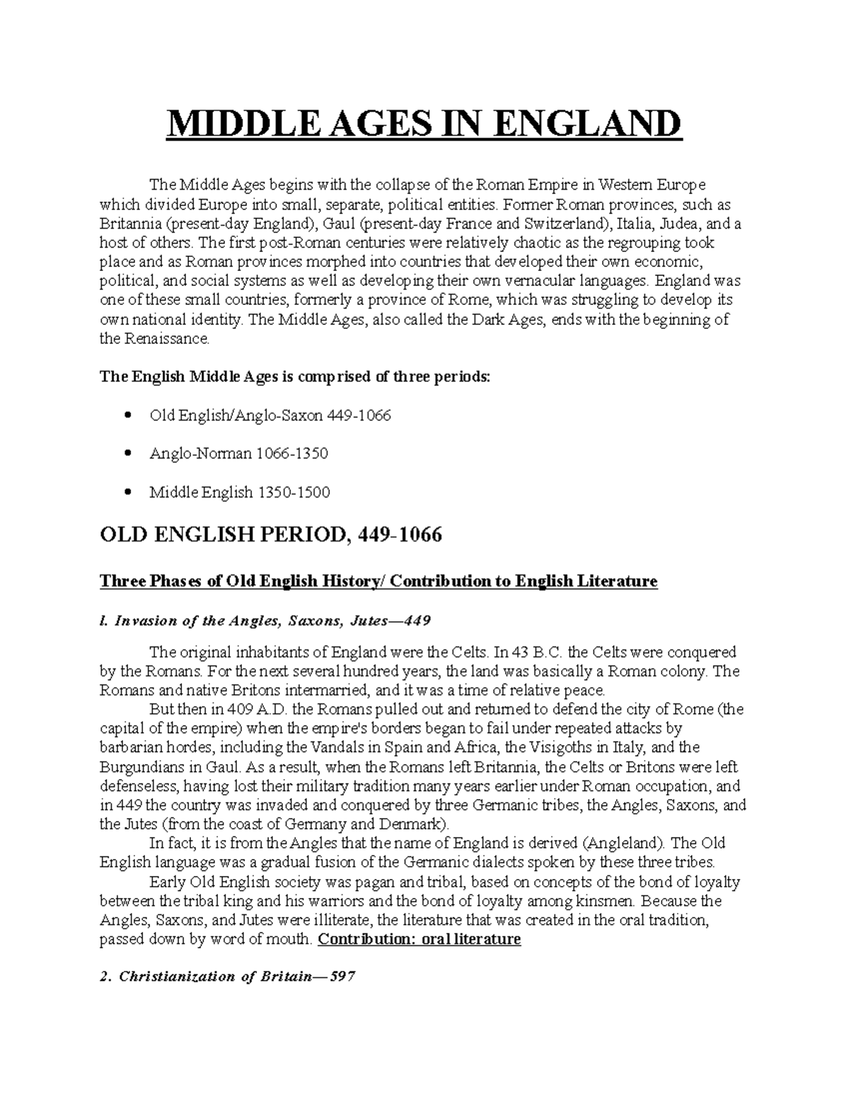 OLD English Period Background Notes - MIDDLE AGES IN ENGLAND The Middle ...