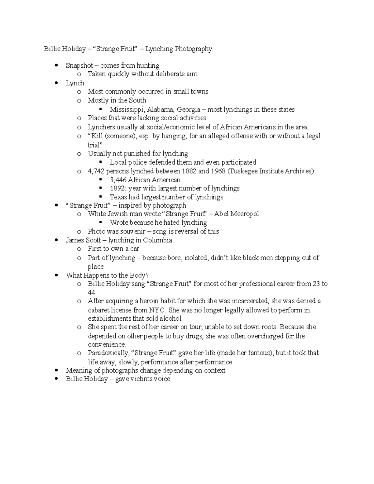 Music and Politics - Lecture notes - Billie Holiday – “Strange Fruit ...