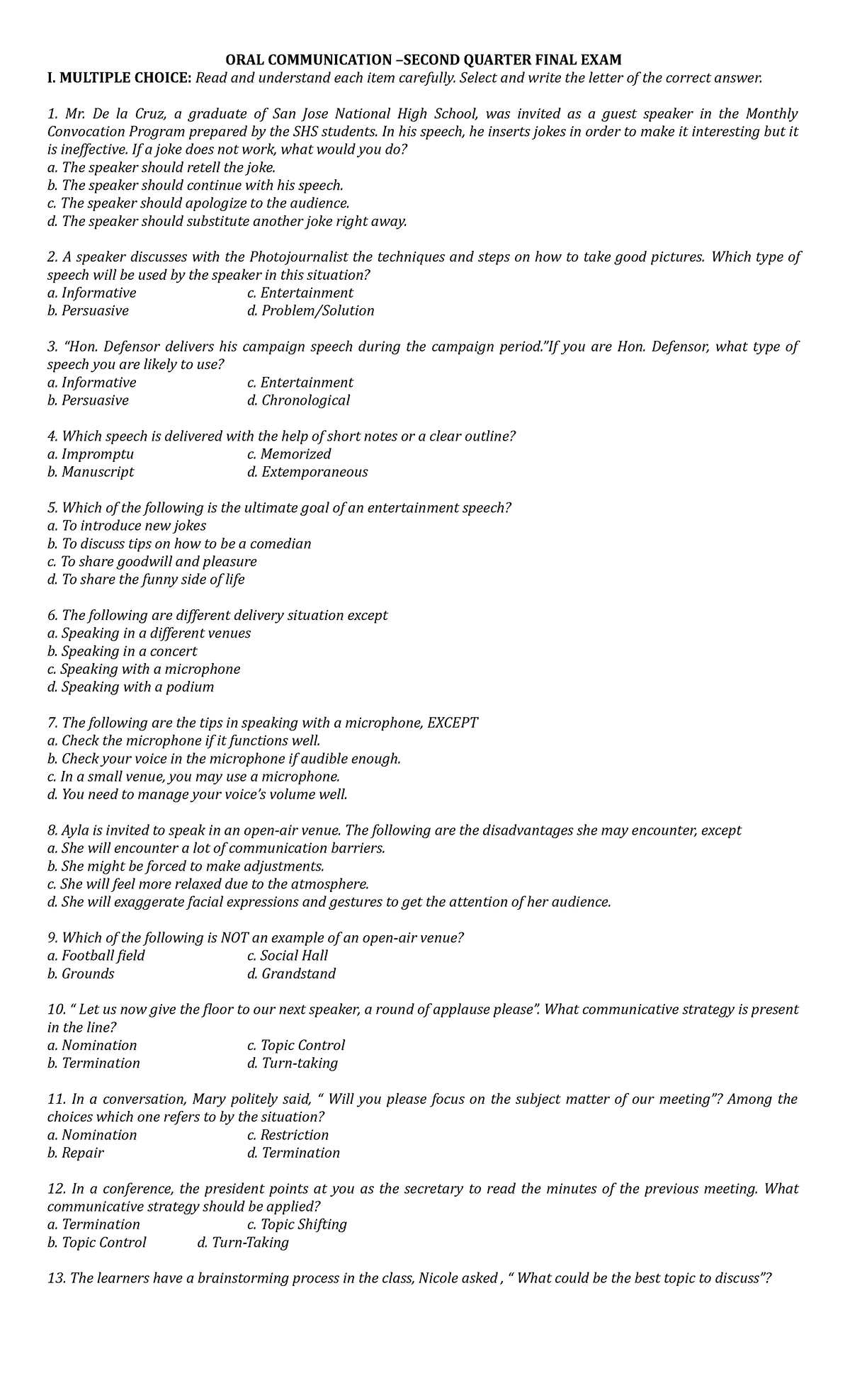 Oral Communication 2nd Quarter First Sem Final Examination docx - ORAL ...