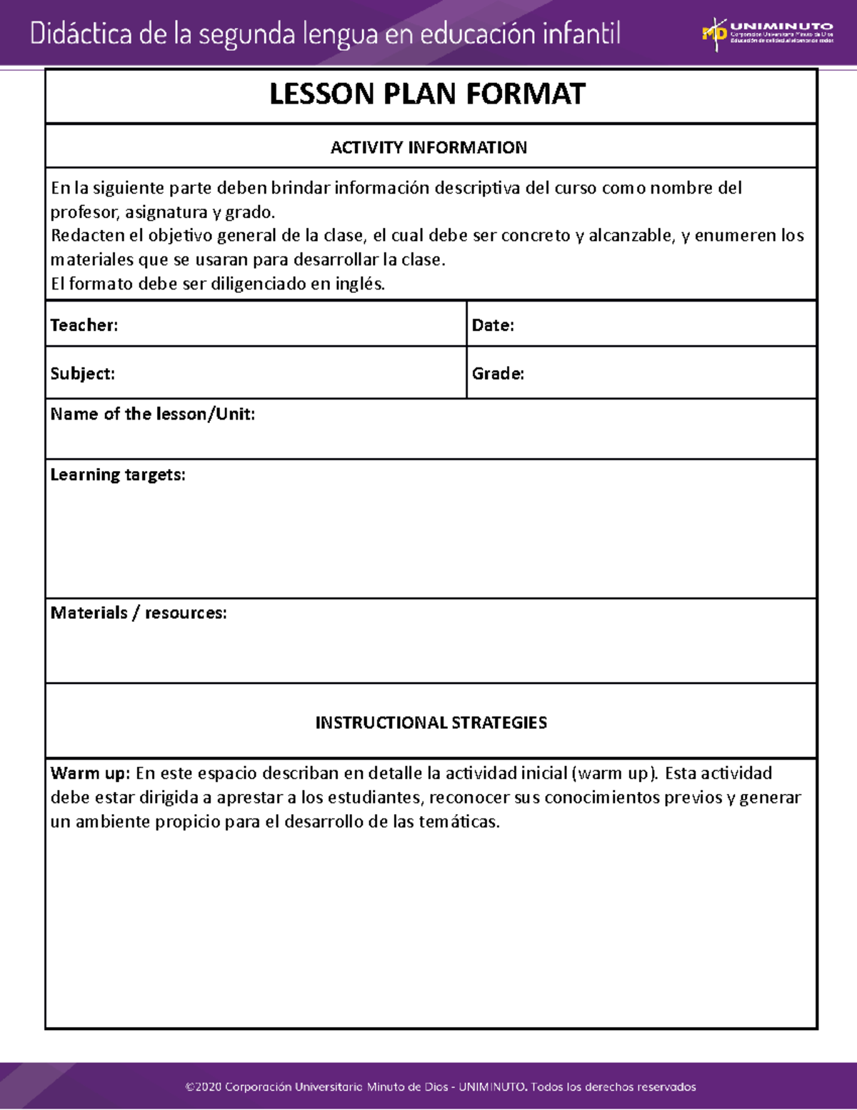 Uni2 LES PLAN - Apuntes 10 - LESSON PLAN FORMAT ACTIVITY INFORMATION En ...