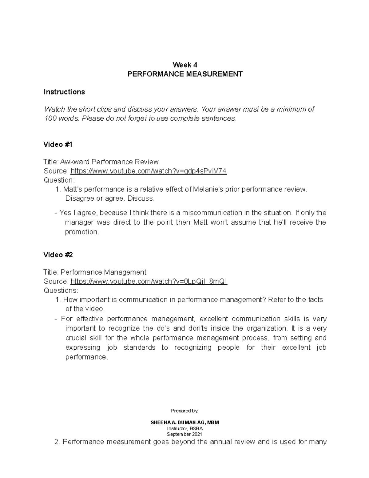 Individual Worksheet 3 Week 4 Performance Measurement - Week 4 ...