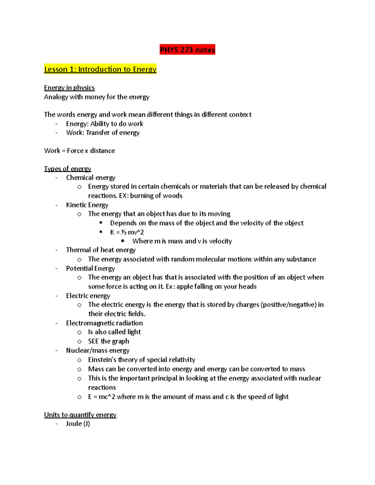 PHYS 273 notes - PHYS 273 notes Lesson 1: Introduction to Energy Energy ...
