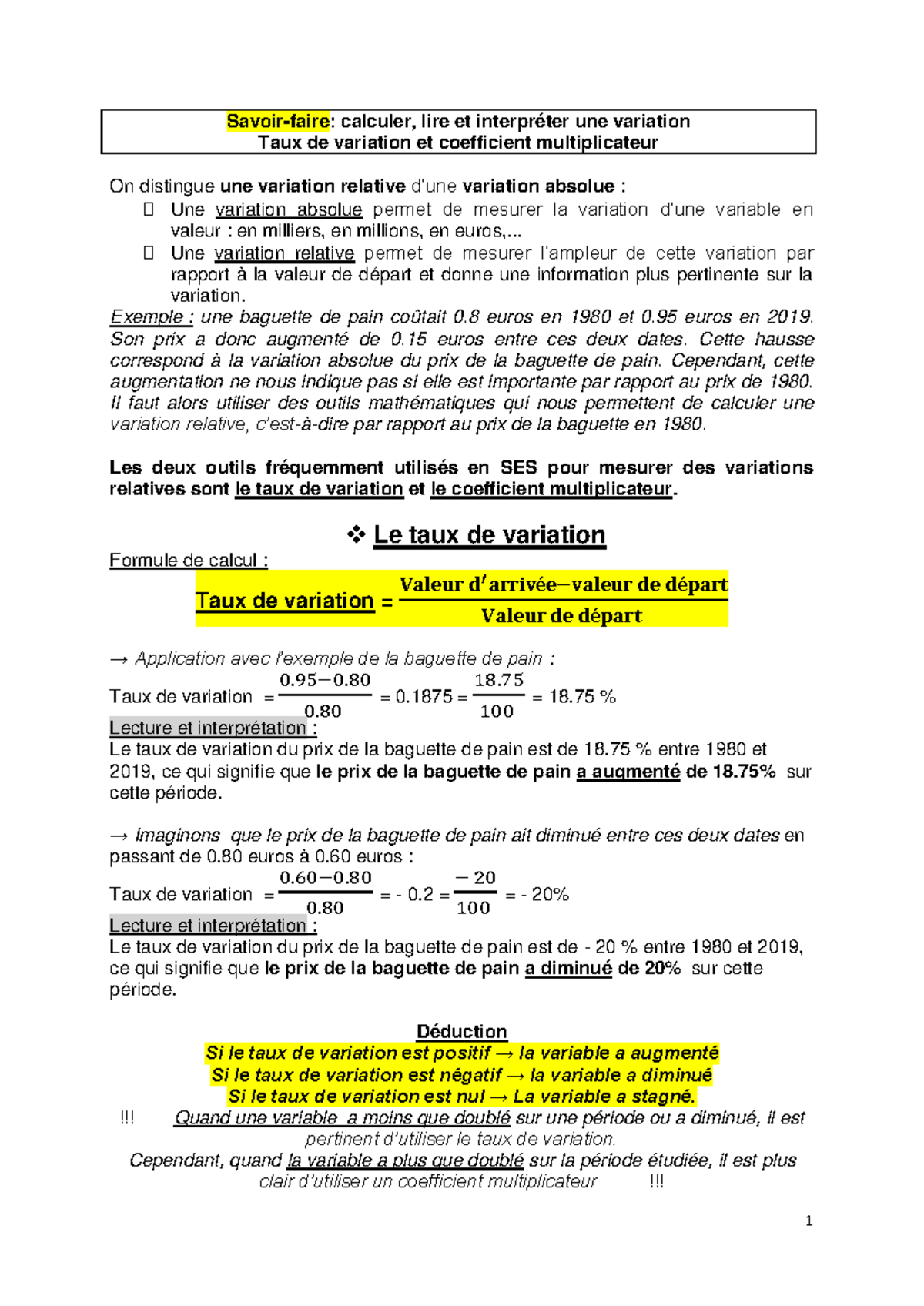 Taux De Variation Fiche Méthode Sur Le Taux De Variation 1 Savoir Faire Calculer Lire Et