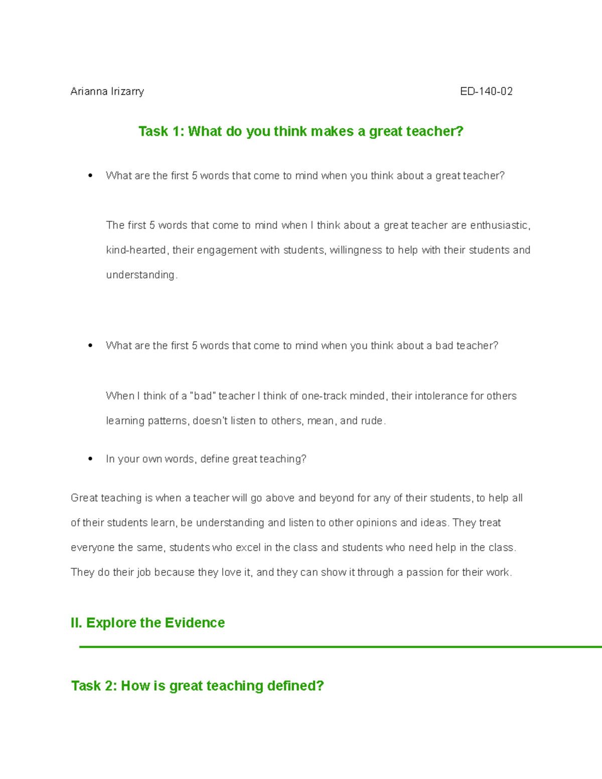 Great Teachers Assignment - Arianna Irizarry ED-140- Task 1: What do ...
