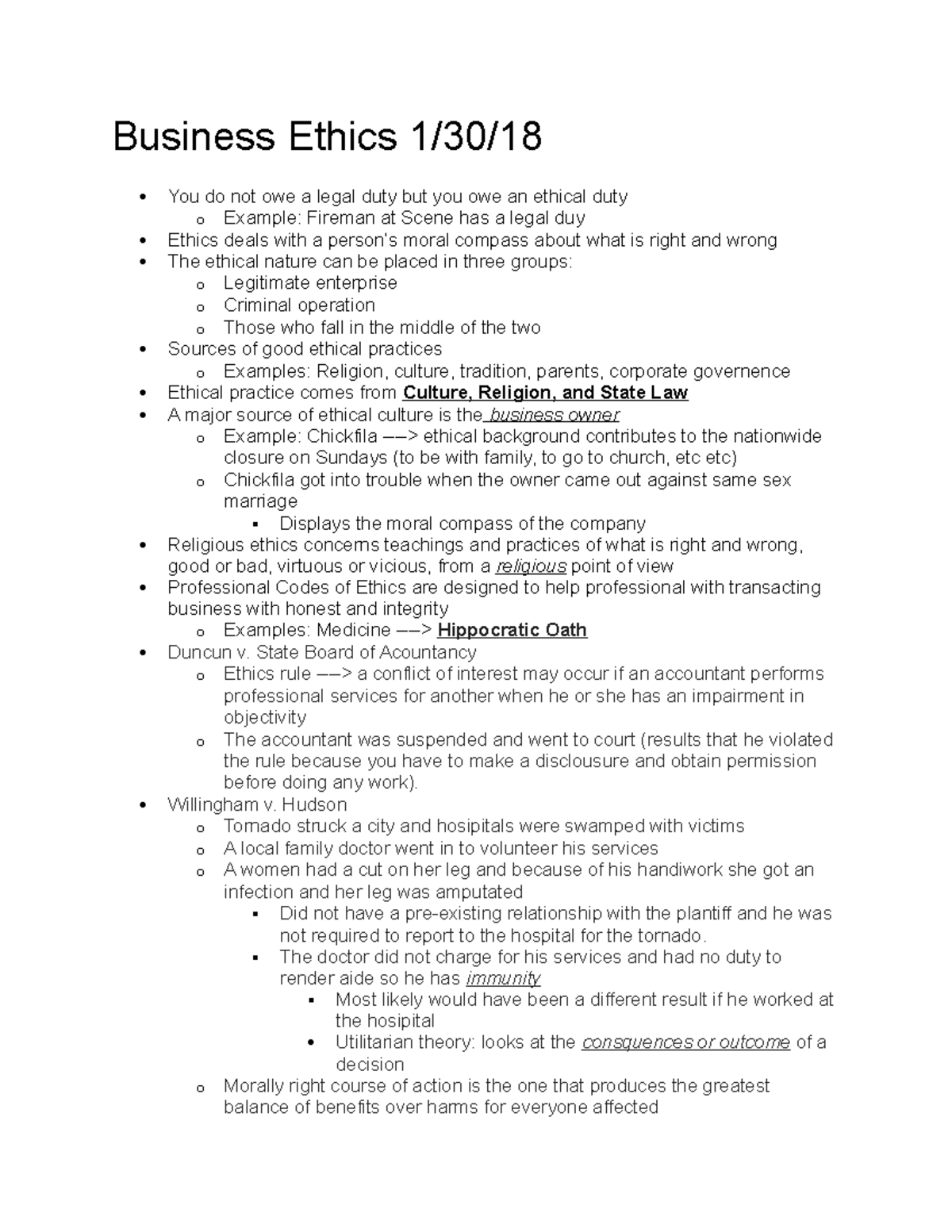 Business ethics - third day of class notes - Business Ethics 1/30/18 ...