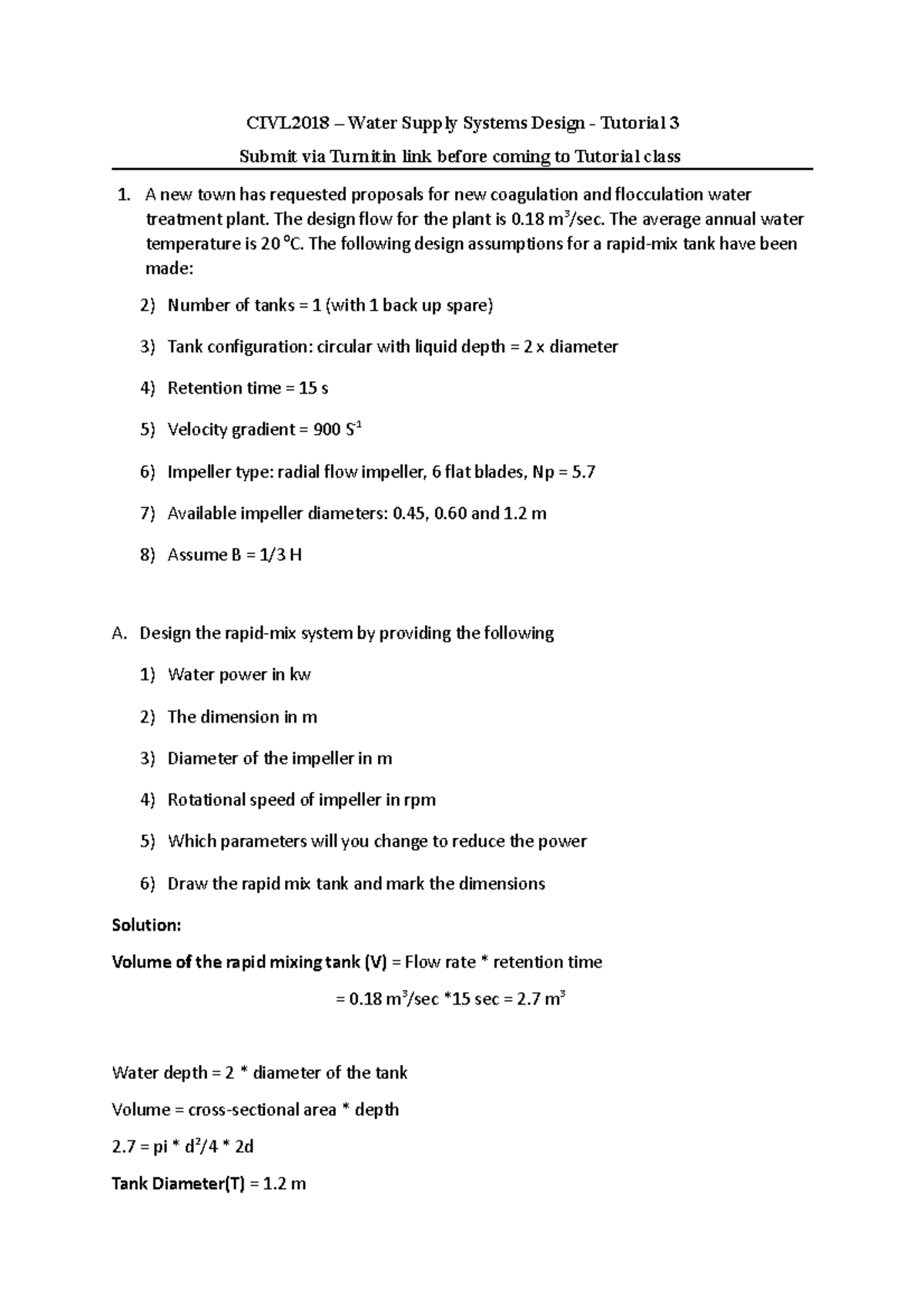 CIVL2018-Tutorial 3 questions and answers - CIVL2018 – Water Supply ...