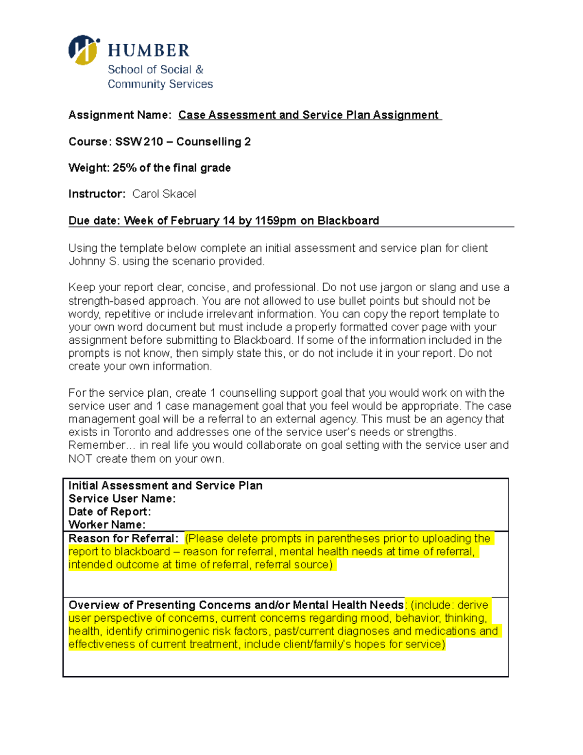 SSW 210 Case Assessment and Service Plan W21 - Assignment Name: Case ...