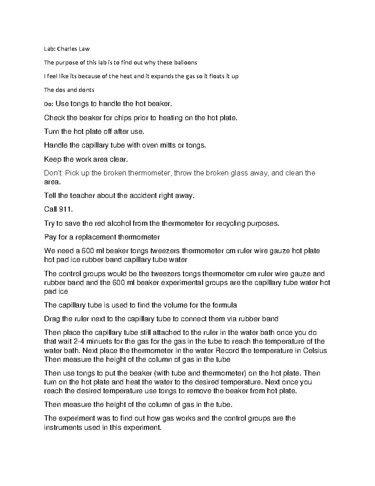 Edegunity lab report Charles law - Lab: Charles Law The purpose of this ...