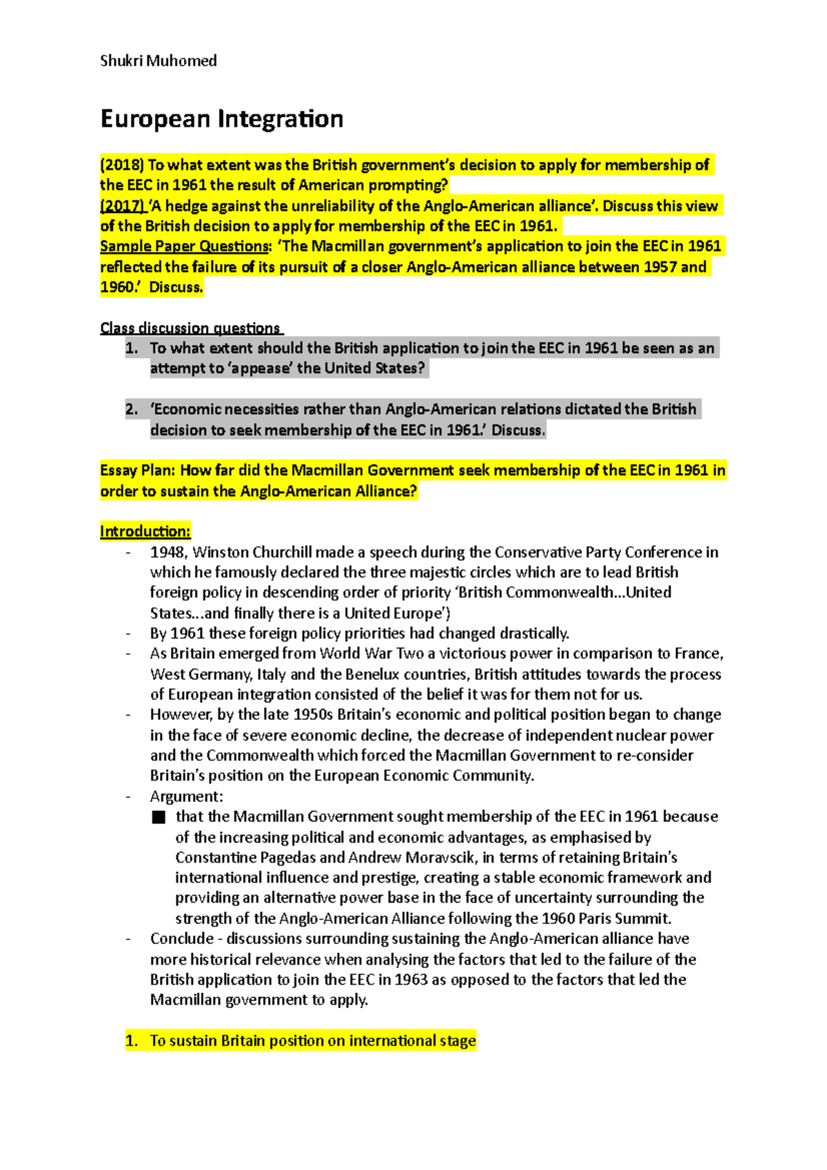 HY327 Edited European Integration Revision Notes - Shukri Muhomed ...