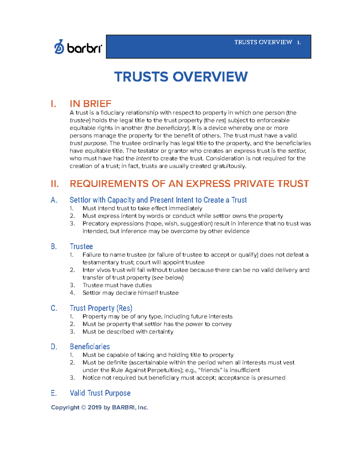 Trusts Bar Outline - TRUSTS OVERVIEW 1. TRUSTS OVERVIEW I. IN BRIEF A ...