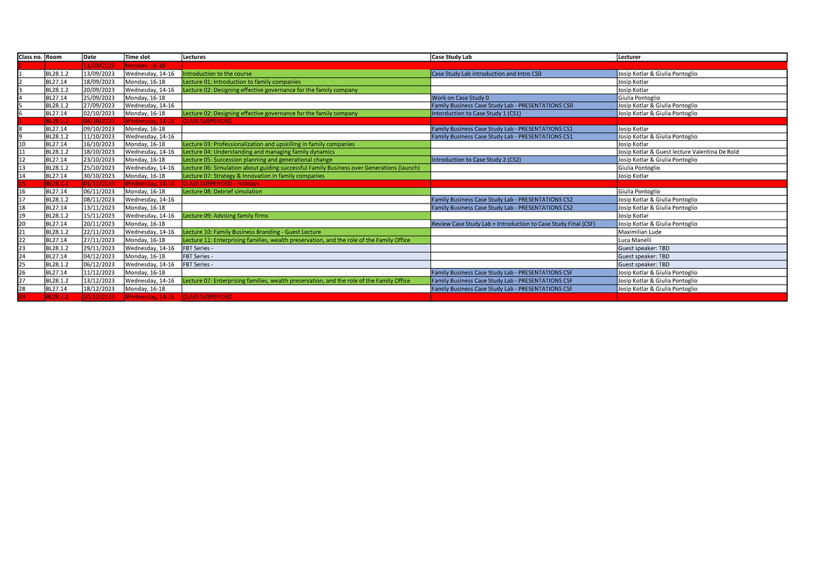 Family Business 2023-2024 - Lecture calendar - Class no. Room Date Time ...