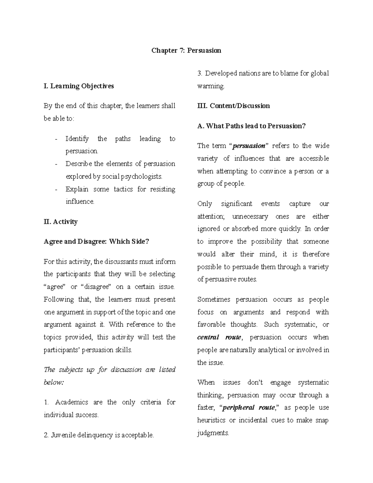 Chapter 7 Persuasion - Chapter 7: Persuasion I. Learning Objectives By ...