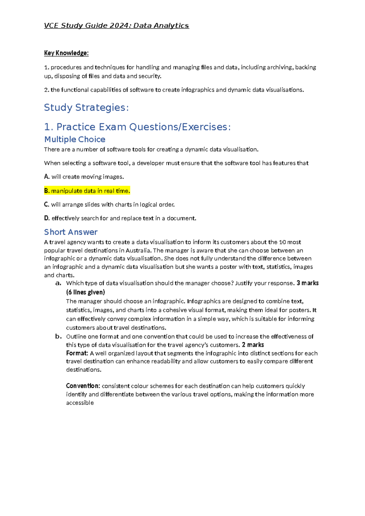 VCE Study Guide Term2 Data - VCE Study Guide 2024: Data Analytics Key Knowledge: 1. procedures ...