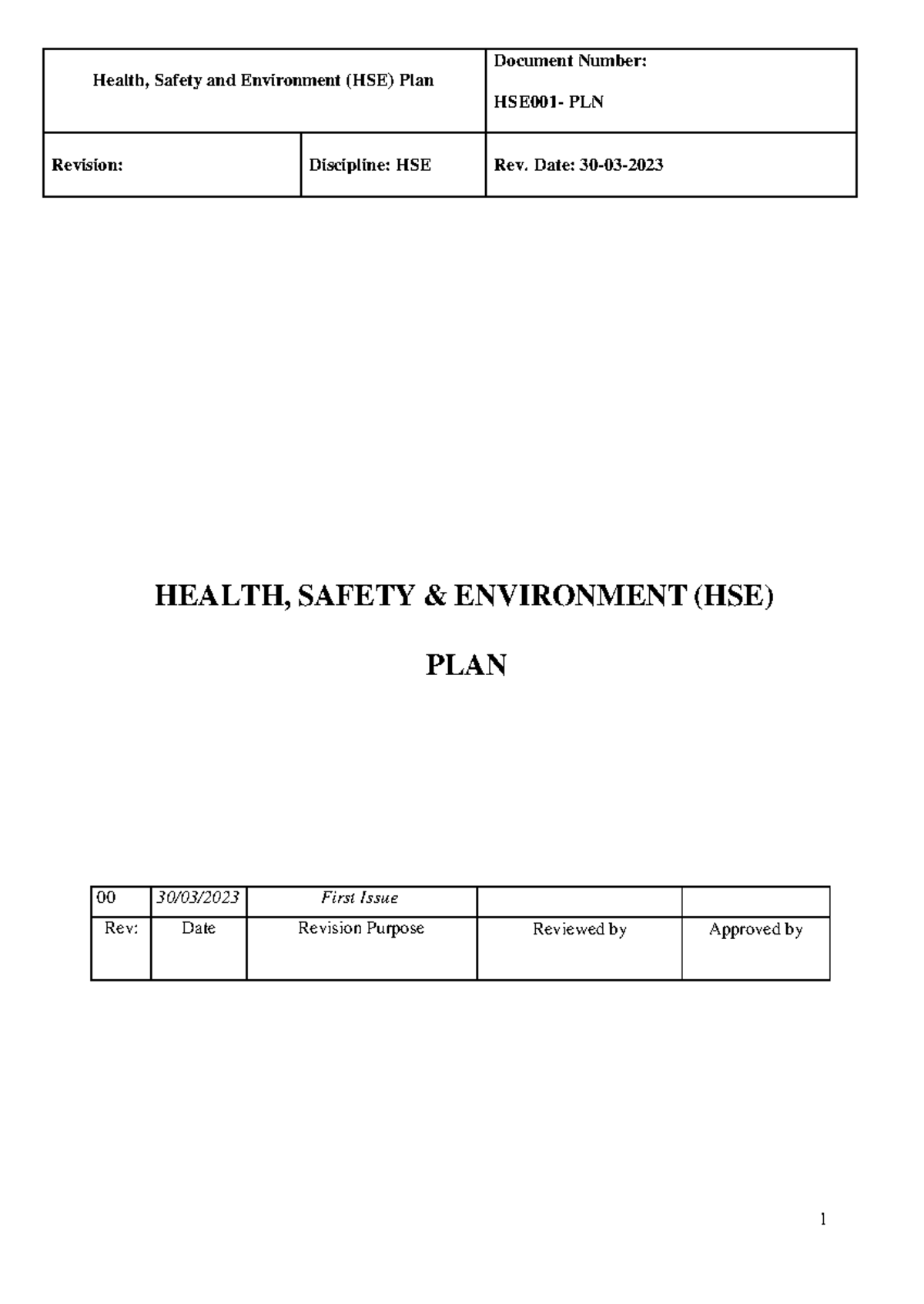 HSE PLAN - Health and Safety Plan - Health, Safety and Environment (HSE ...