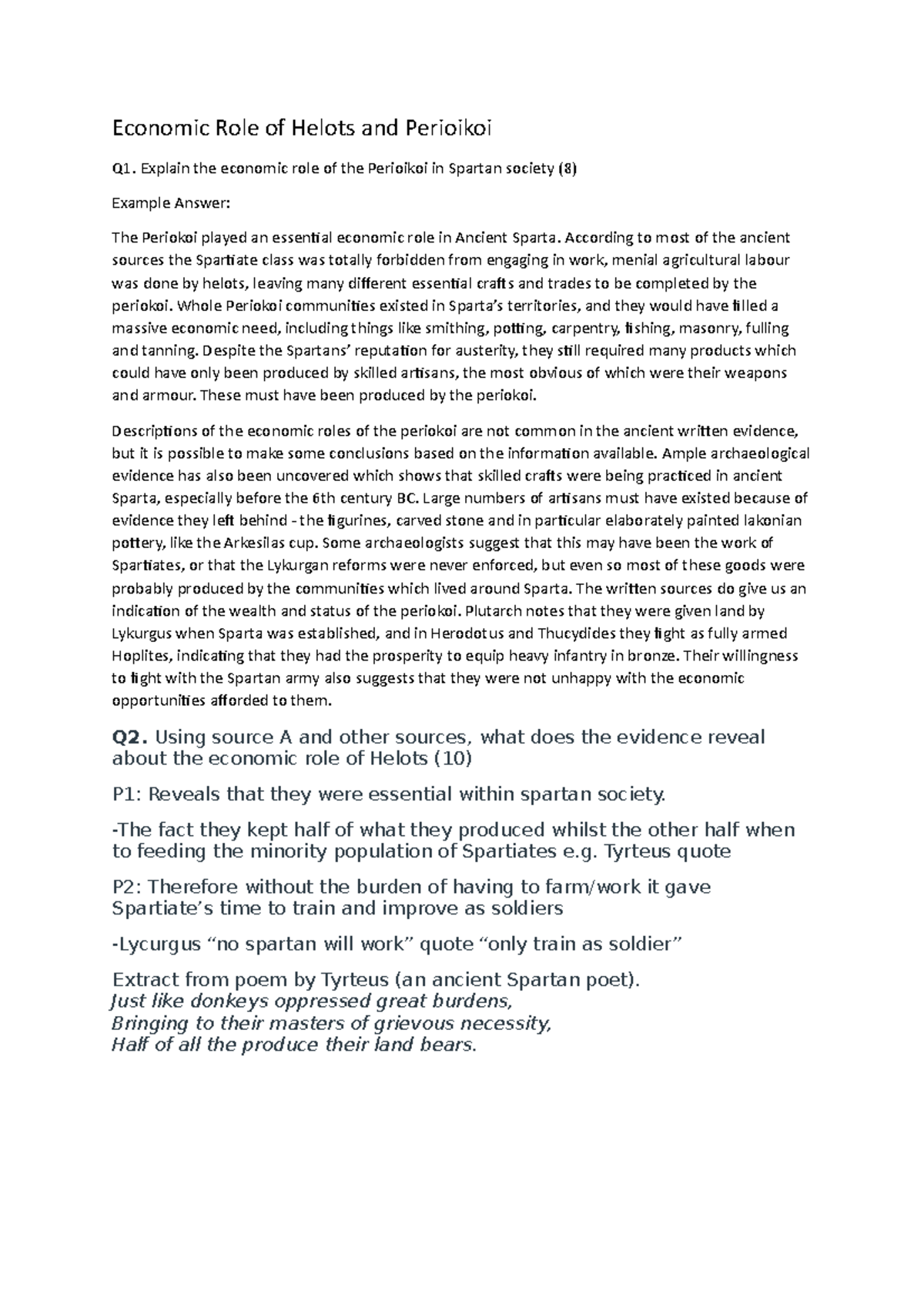 Economic Role of Helots and Perioikoi - Explain the economic role of ...