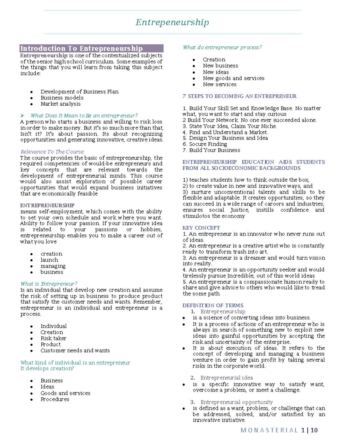 Entrepreneurship - Notes - Introduction To Entrepreneurship ...