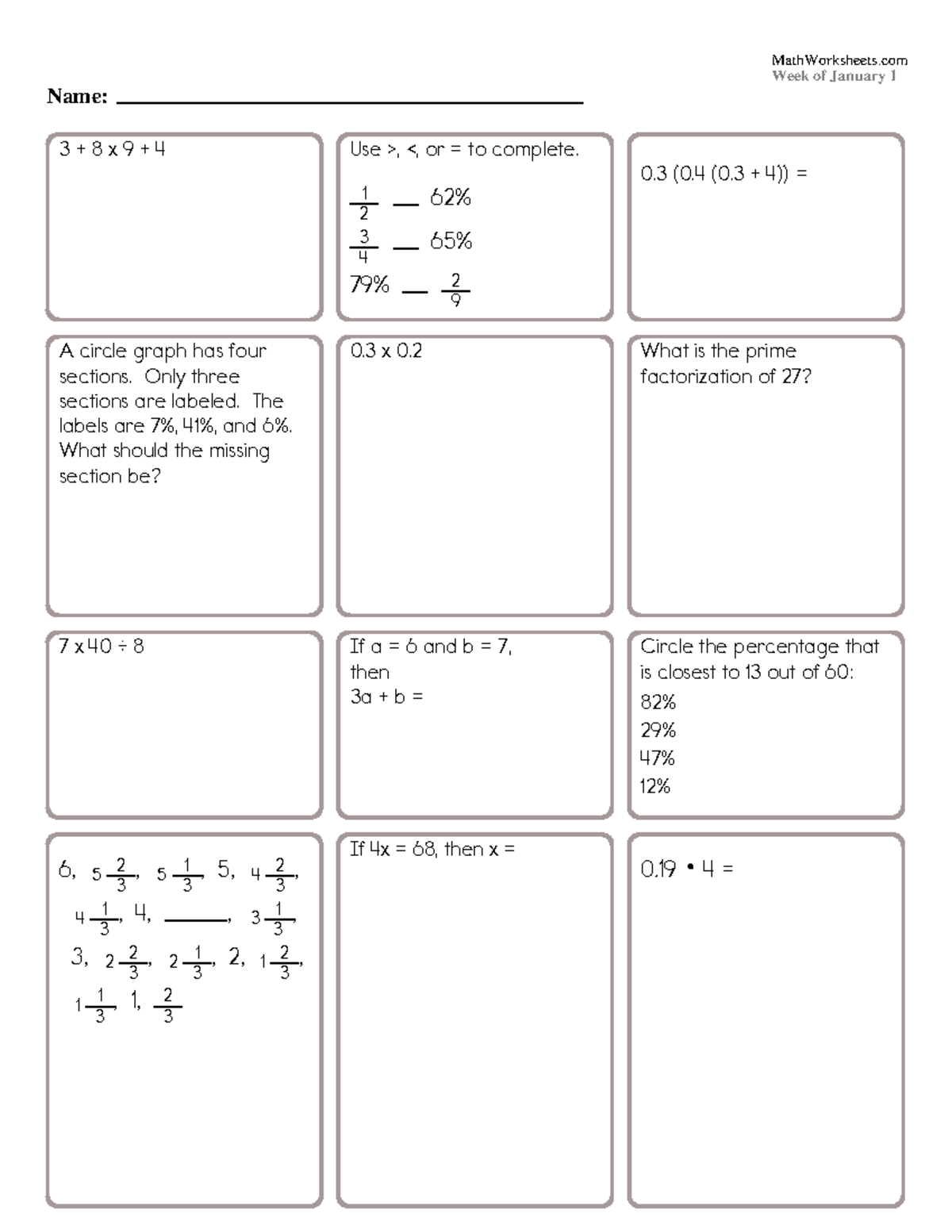 Math Worksheets Grade 6 1 1 - Name: Week of January 1 [ 8VH ! RU WR ...