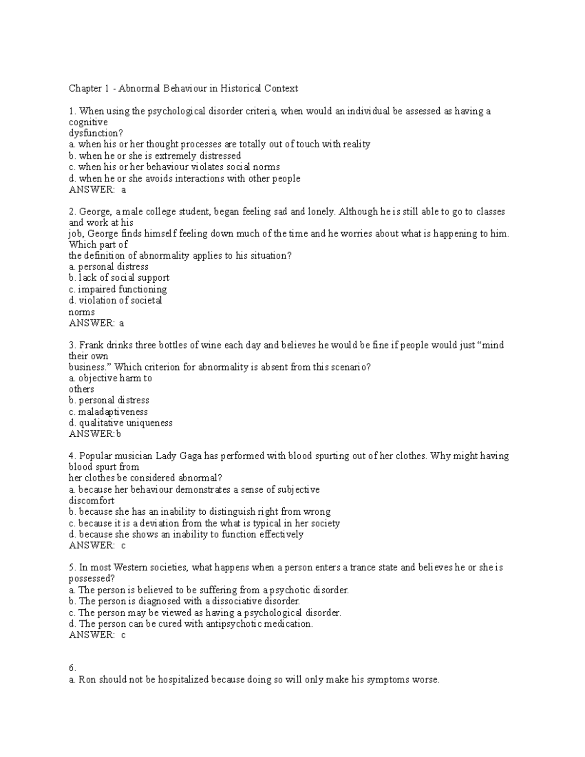 Chapter 1 - Abnormal Behaviour in Historical Context - when his or her ...