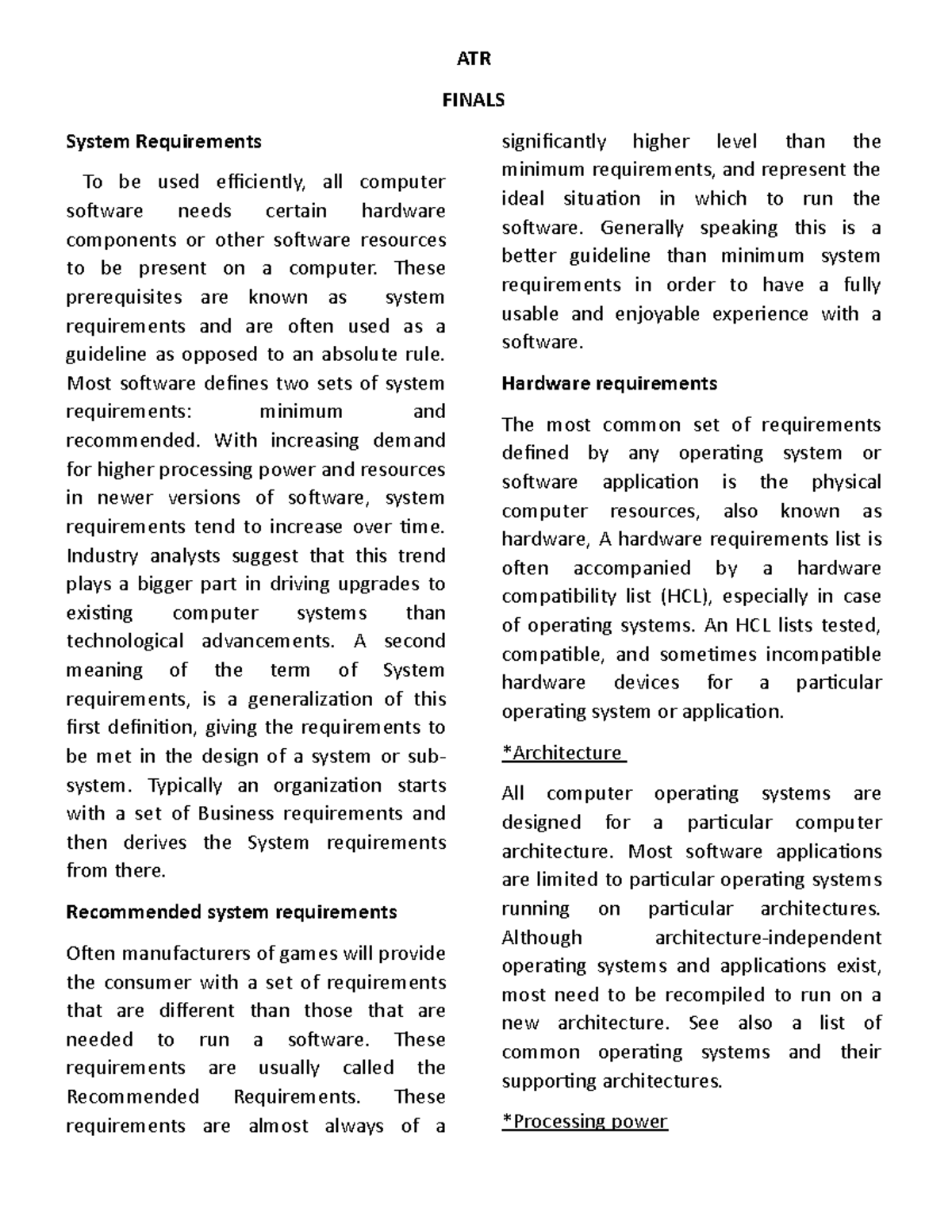 Reviewer for ATR - ATR FINALS System Requirements To be used ...