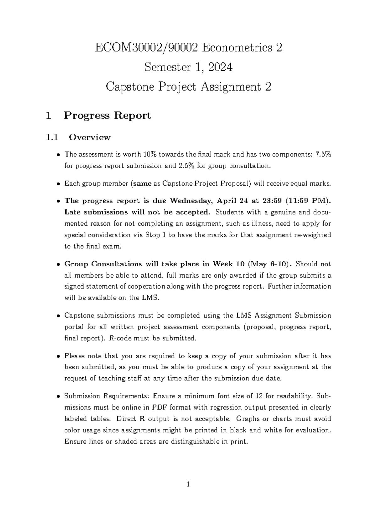 E2 Capstone Assignment 2 (revised) - ECOM30002/90002 Econometrics 2 Semester 1, 2024 Capstone ...
