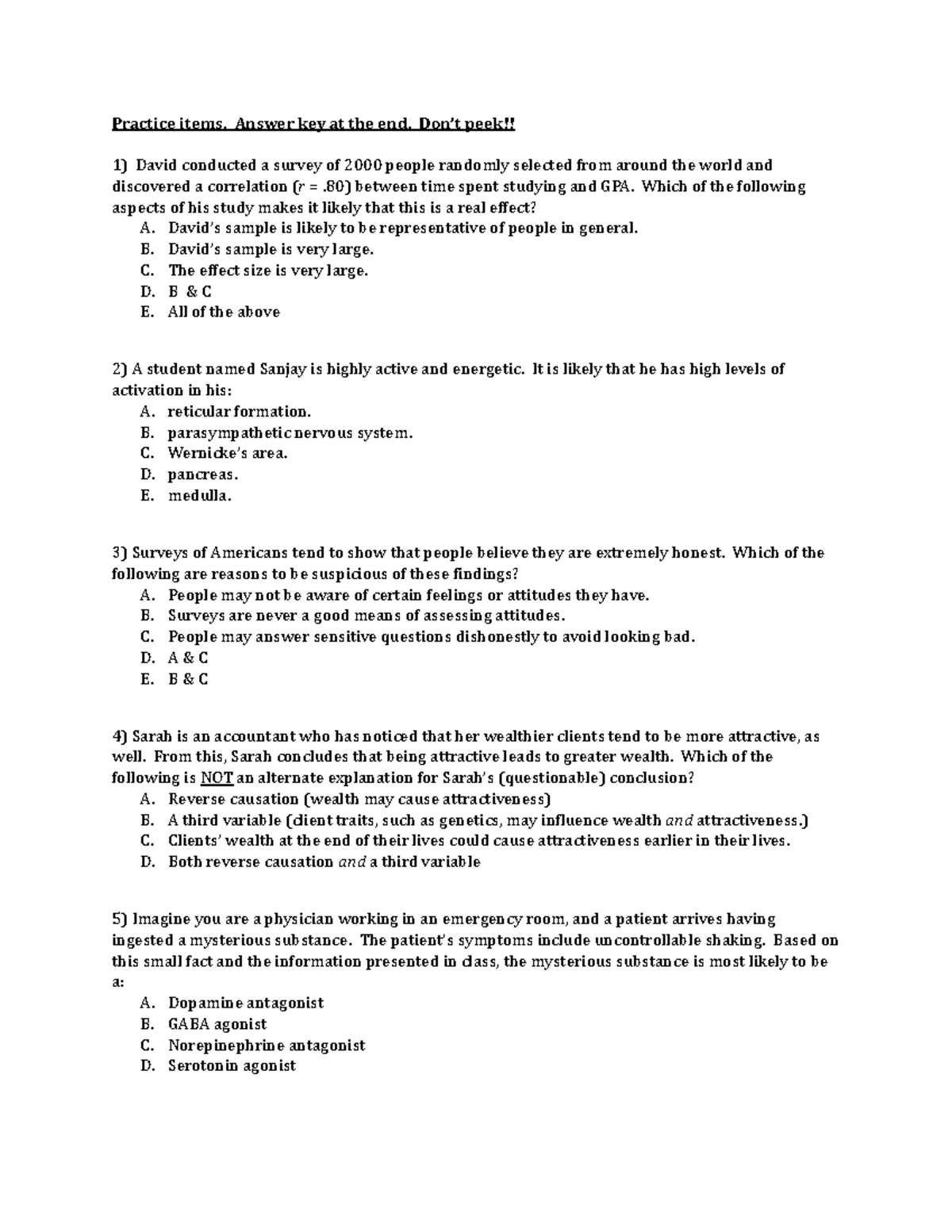 PSY 101 Exam 1 Practice items - Practice items. Answer key at the end ...