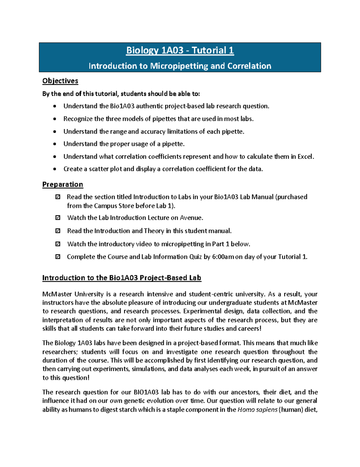 Tutorial 1 manual F2022 - Biology 1A03 - Tutorial 1 Introduction to ...