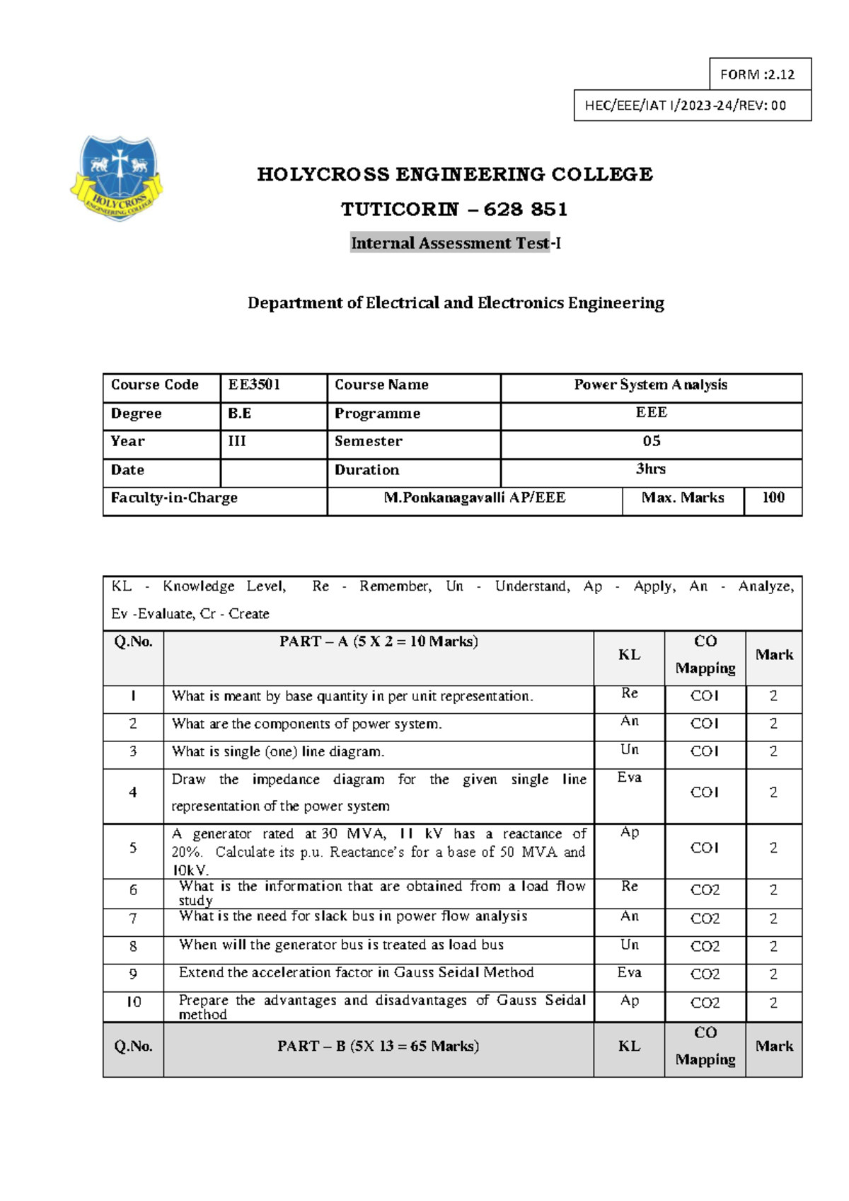 PSA - QB for IAT_I..you can note this for your reference - HOLYCROSS ...