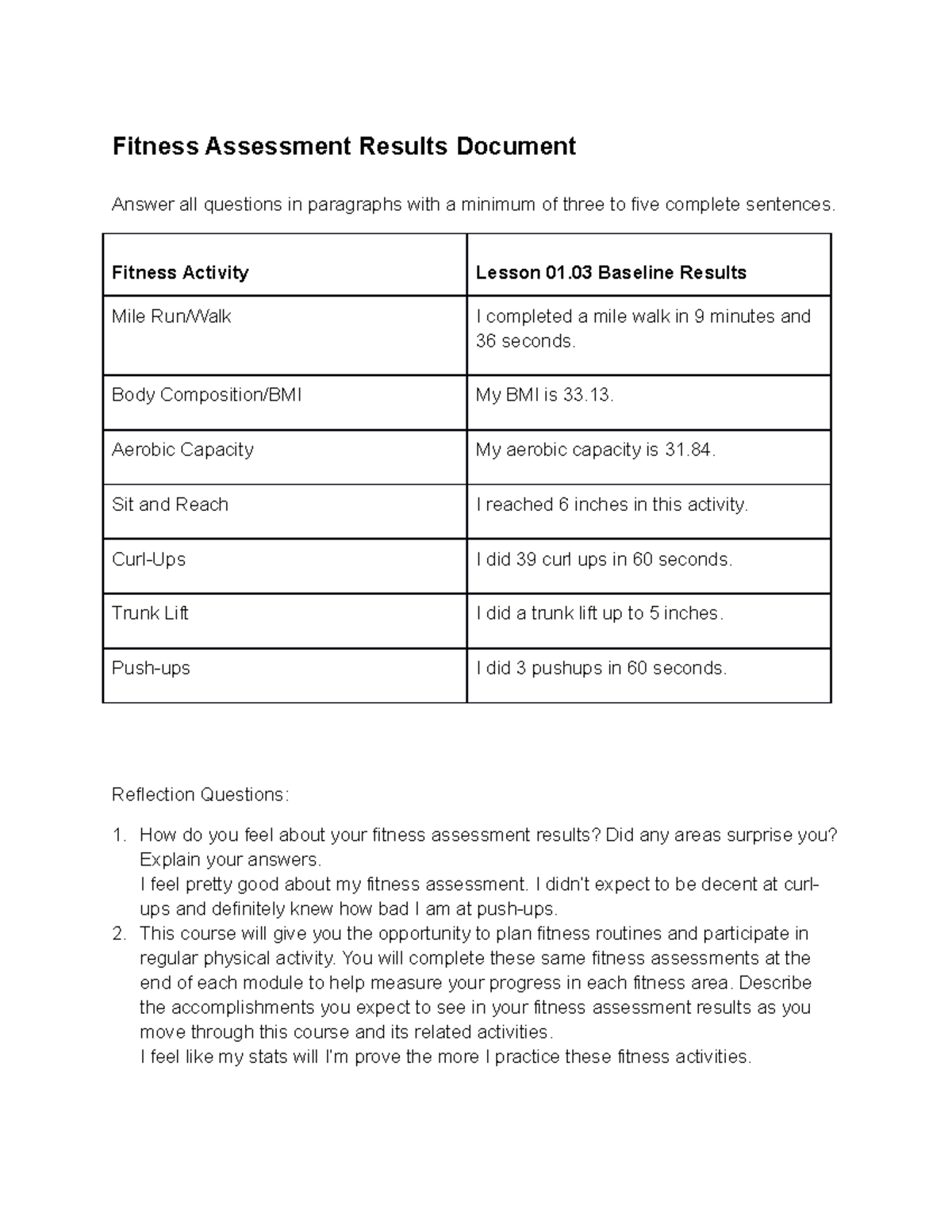 Fitness results - For 1.03 assignment - Fitness Assessment Results ...