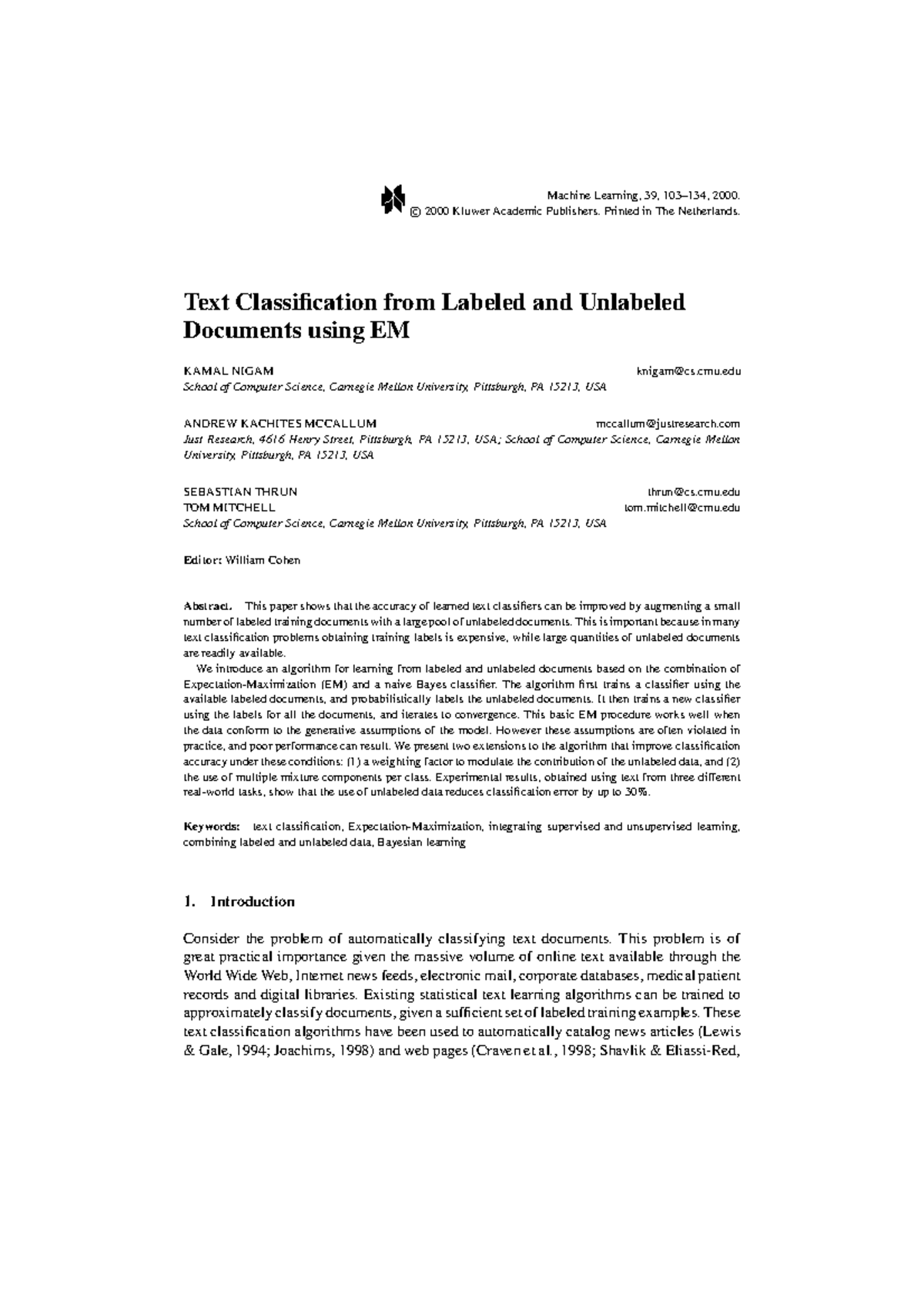 Nigam 2000 Article Text Classification From Labeled A - Mercadotecnia ...