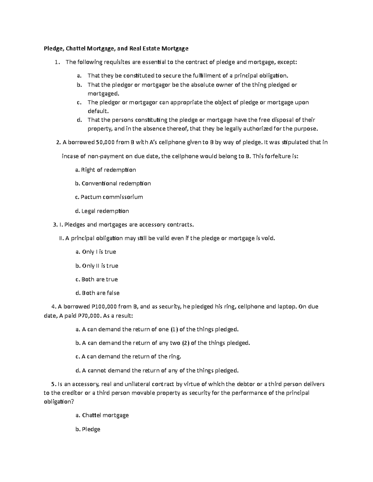 Pledge - Law - Pledge, Chattel Mortgage, and Real Estate Mortgage 1 ...