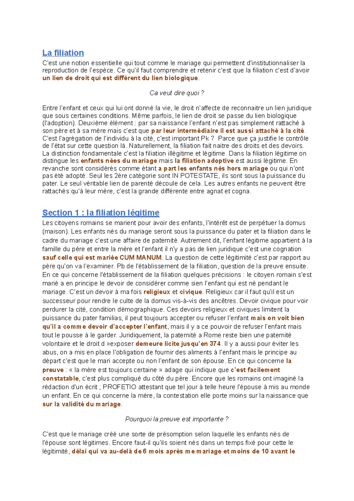 La filiation - La filiation C’est une notion essentielle qui tout comme ...