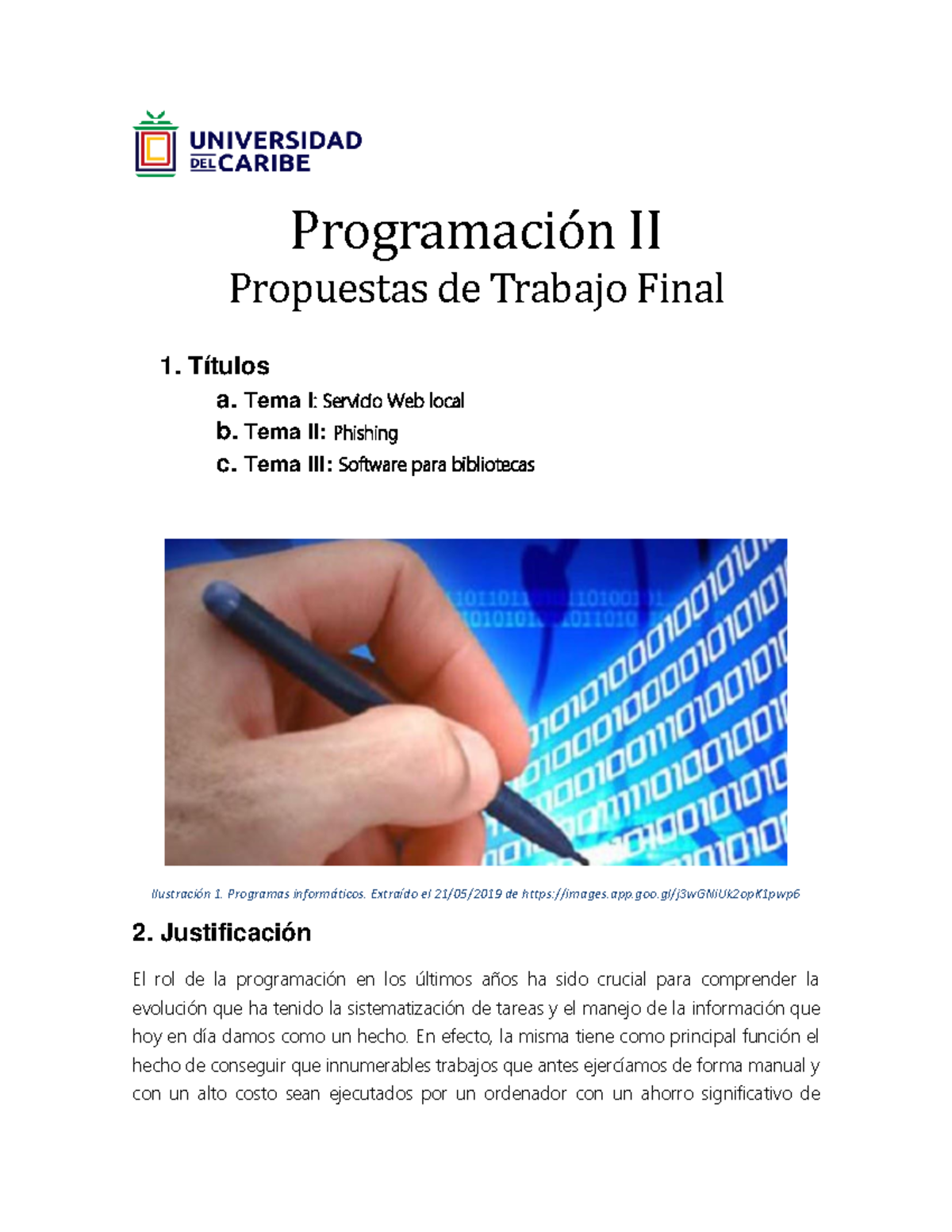 Programación II trabajo final - Programacion II Propuestas de Trabajo Final 1. Títulos a. Tema I ...