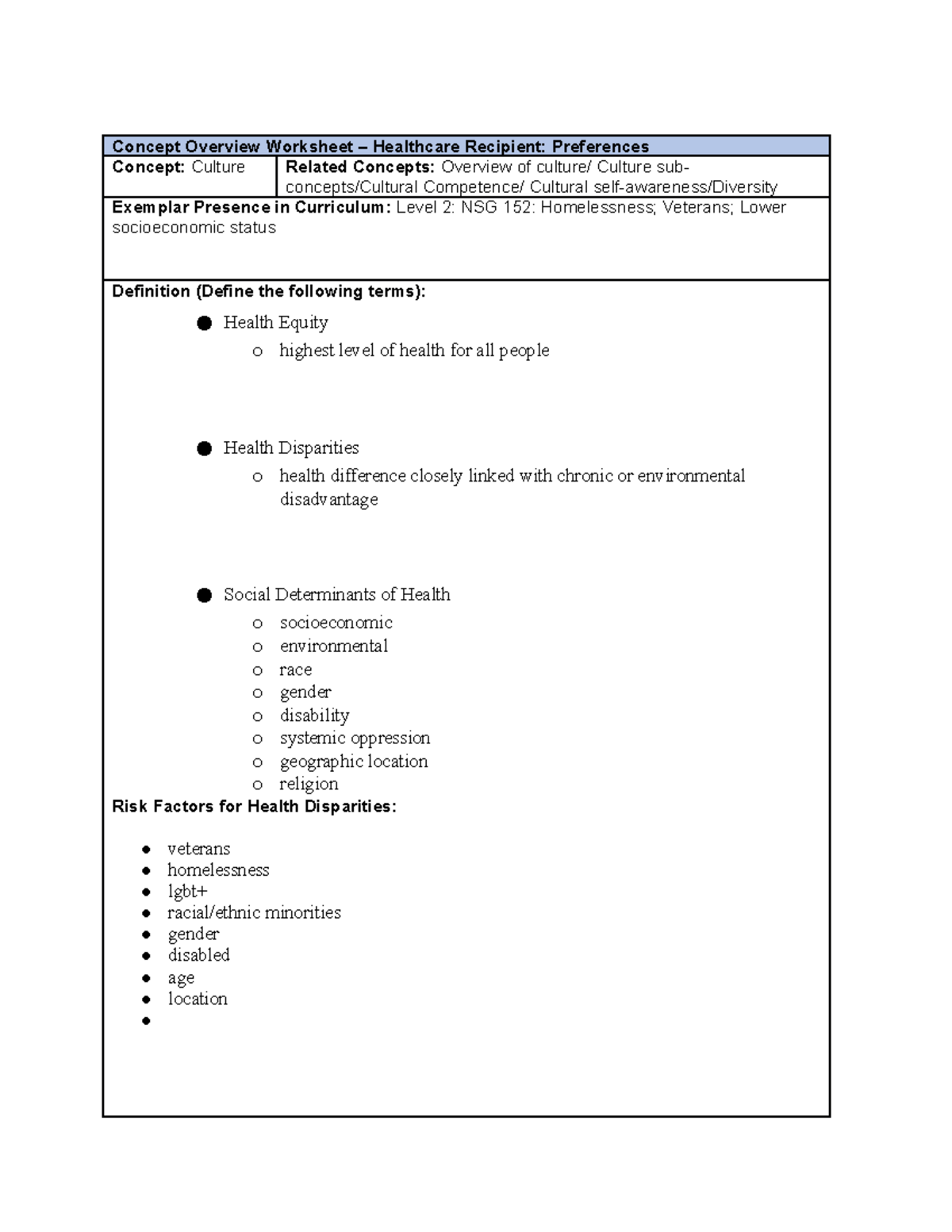 Concept sheet. health disparities - Concept Overview Worksheet ...