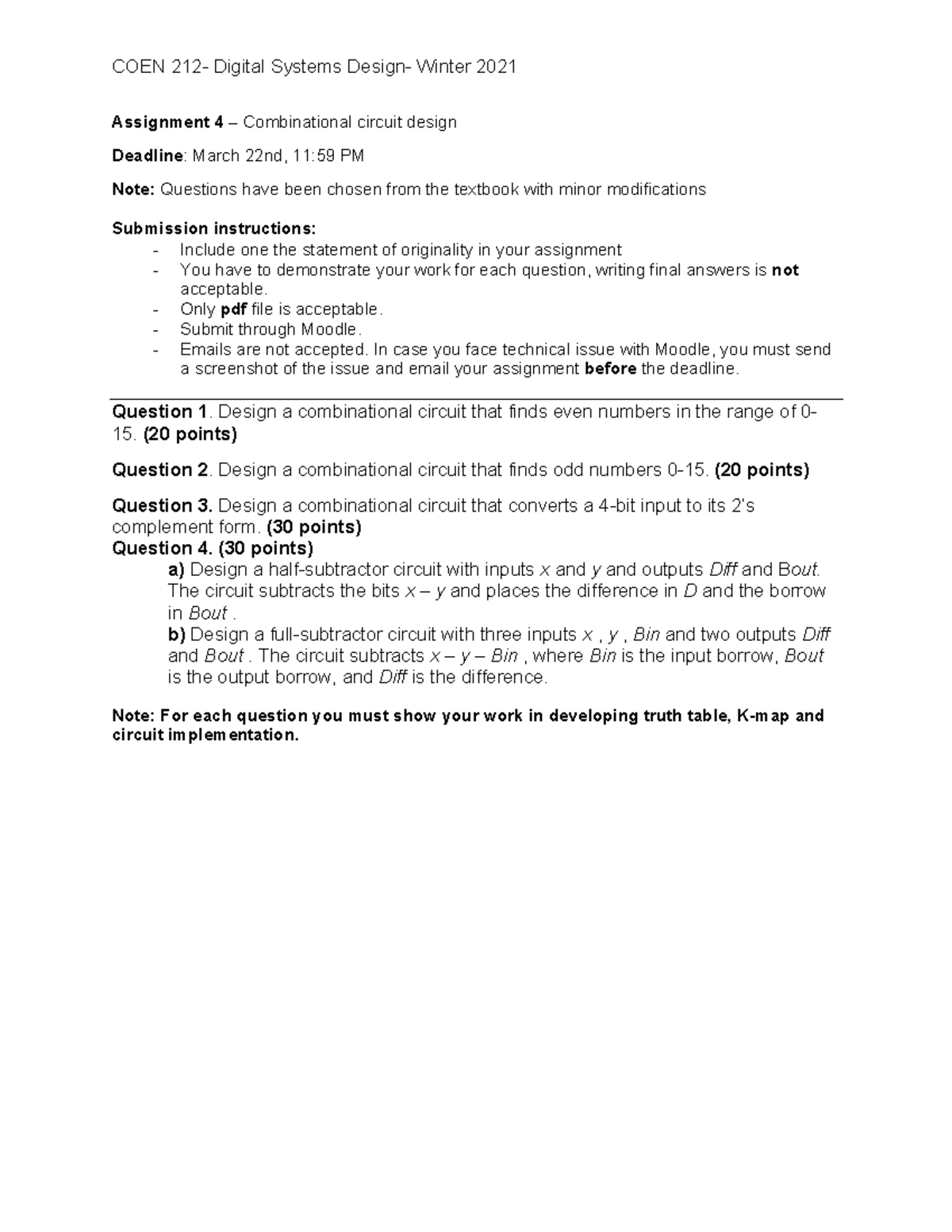 Assignment 4 - COEN 212- Digital Systems Design- Winter 2021 Assignment 4 – Combinational ...