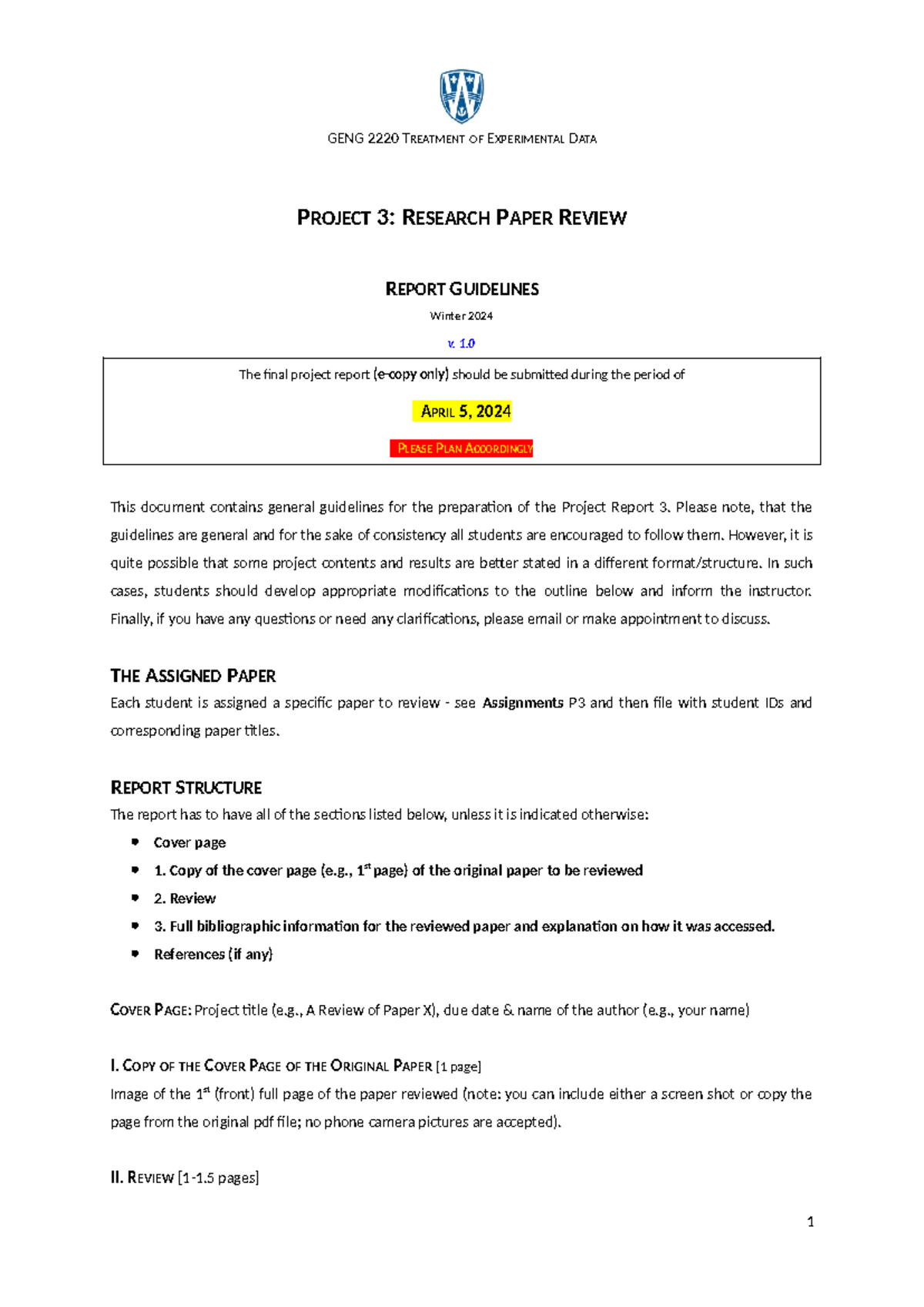 GENG 2220-Project 03-Rpt Guidelines-W24 v1 - GENG 2220 TREATMENT OF ...