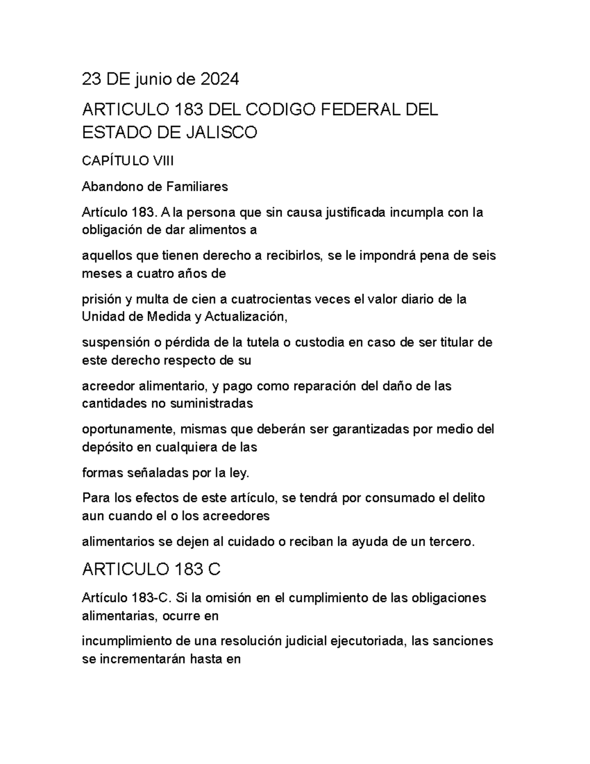 Articulo 183-183-c acreedores alimenticios - 23 DE junio de 2024 ...