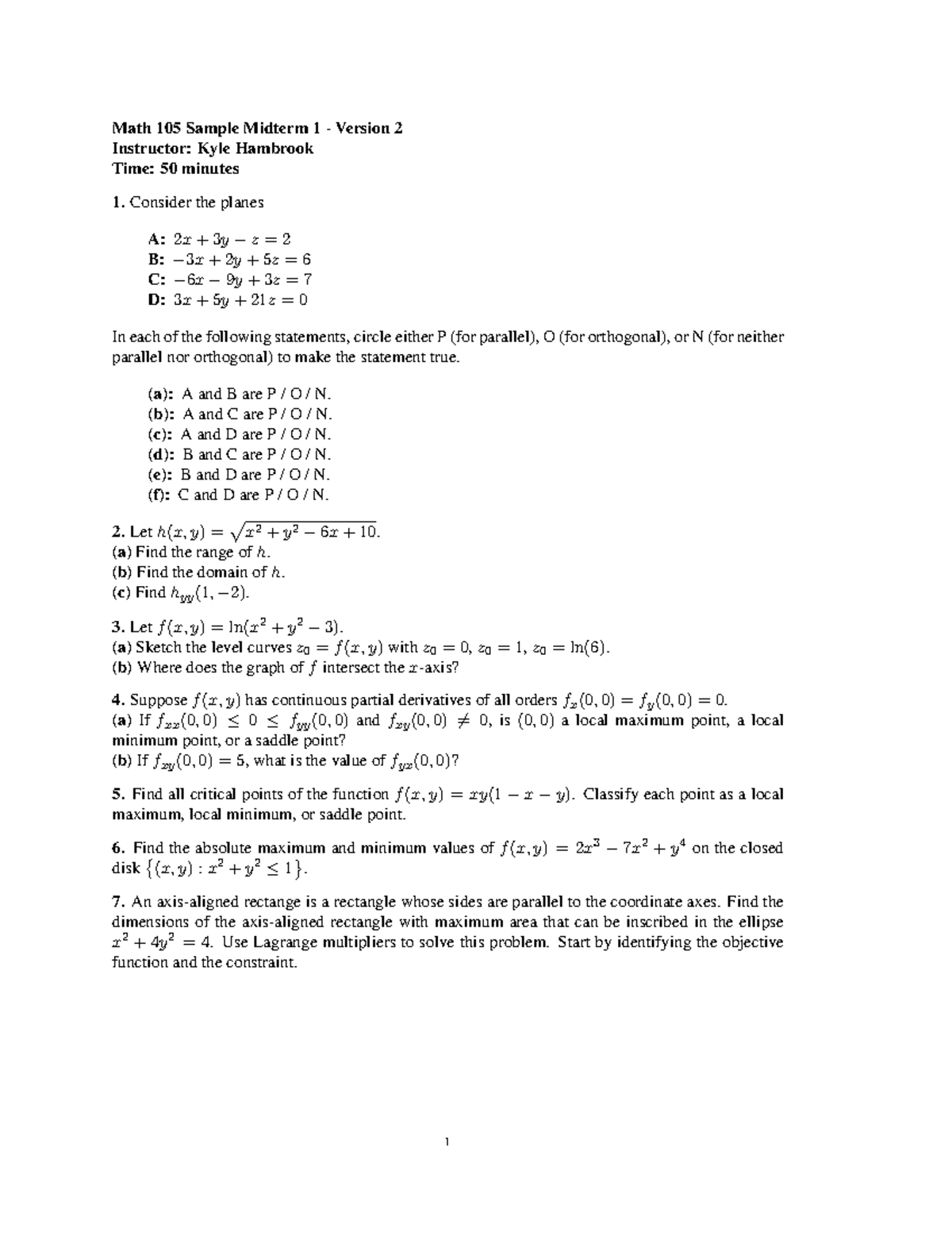 Midterm 1 2016, questions and answers - Math 105 Sample Midterm 1 ...