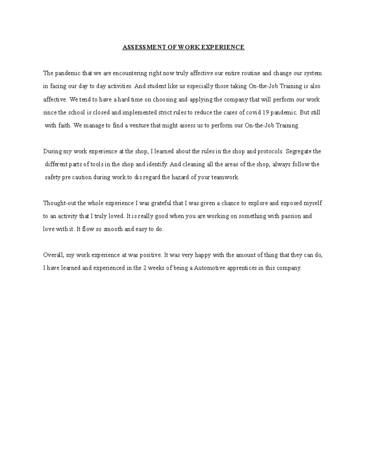 Assessment OF WORK Experience - Bachelor of Science in Accountancy ...